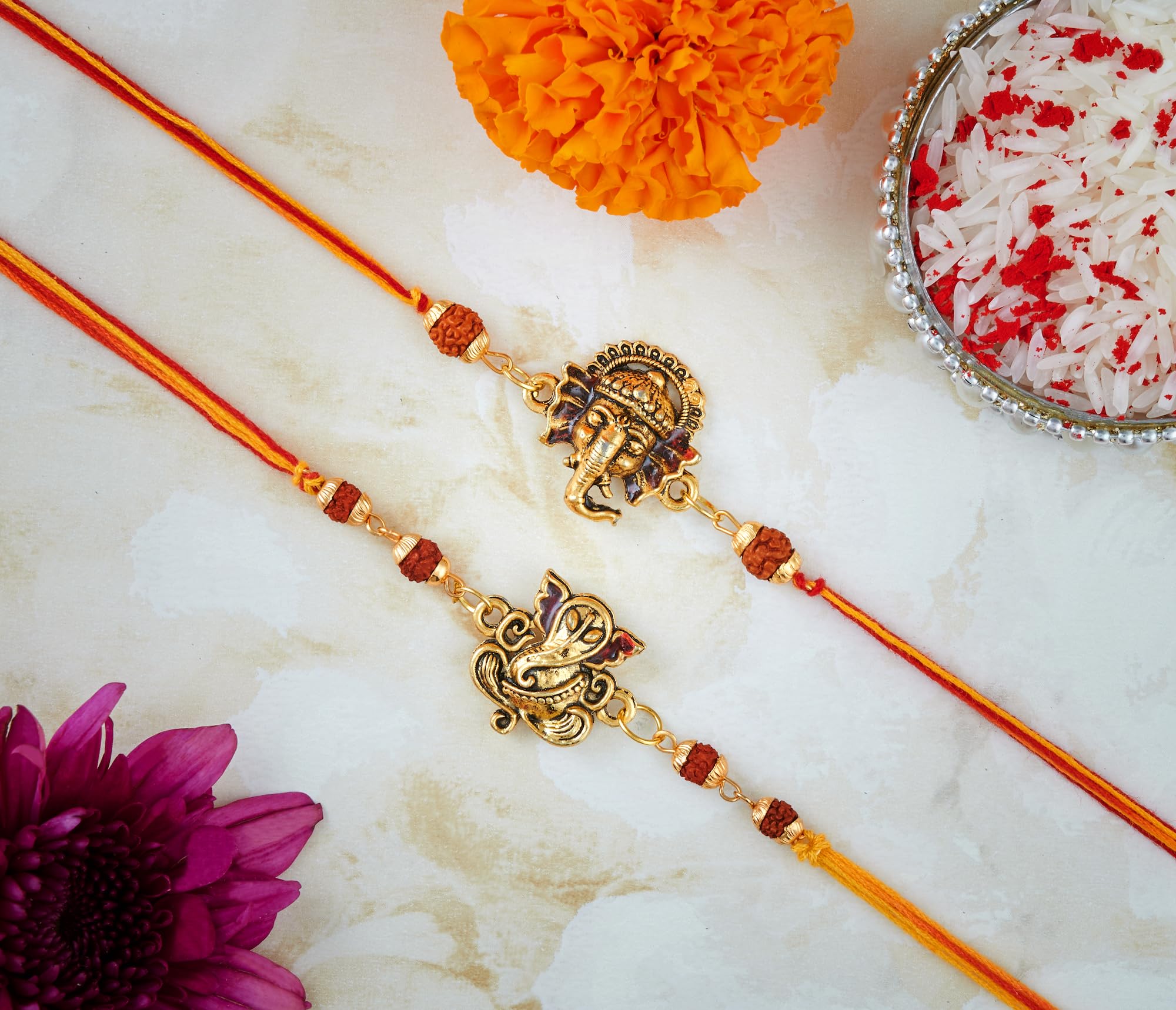 Eximious India Rakhi For Brother - Set of 2 With Card Rudraksha Ganesha Pendant For Raksha Bandhan Designer Rakhi Thread for Bhaiya (Design 2)