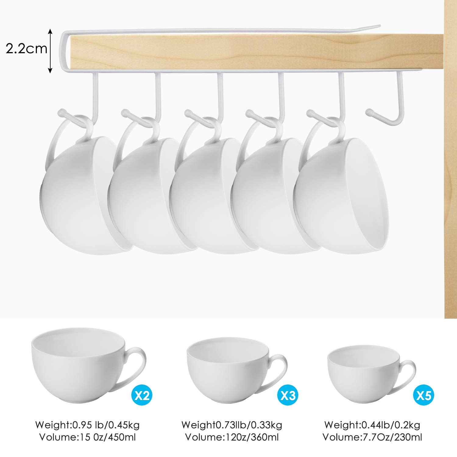 Achoulei 3pcs Mug Hooks Under Cabinet Coffee Mug Cup Holder Rack, Drilling Free Coffee Mug Cup Hanger Organizer for Kitchen Cabinets Storage - Fit for 1 Inch Thickness Shelf or Less (White)