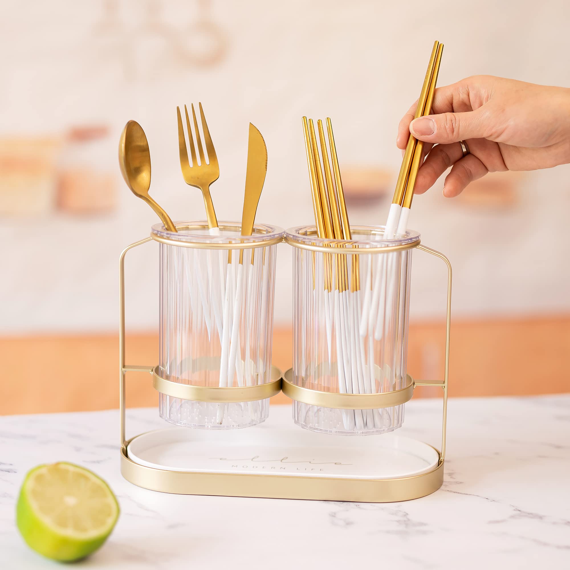 Kitchen Utensil Holder for Countertop 2 Clear White Cups with Gold Iron Frame Cooking Utensil Crock Chic Modern Cutlery Caddy Practical Utensil Pot for Counter for Fork Spoon Knife Flatware Silverware