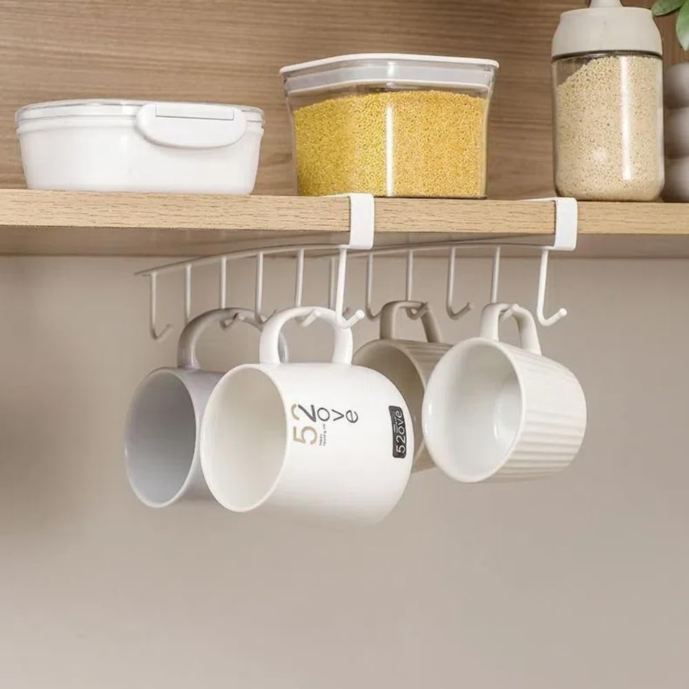 Achoulei 3pcs Mug Hooks Under Cabinet Coffee Mug Cup Holder Rack, Drilling Free Coffee Mug Cup Hanger Organizer for Kitchen Cabinets Storage - Fit for 1 Inch Thickness Shelf or Less (White)