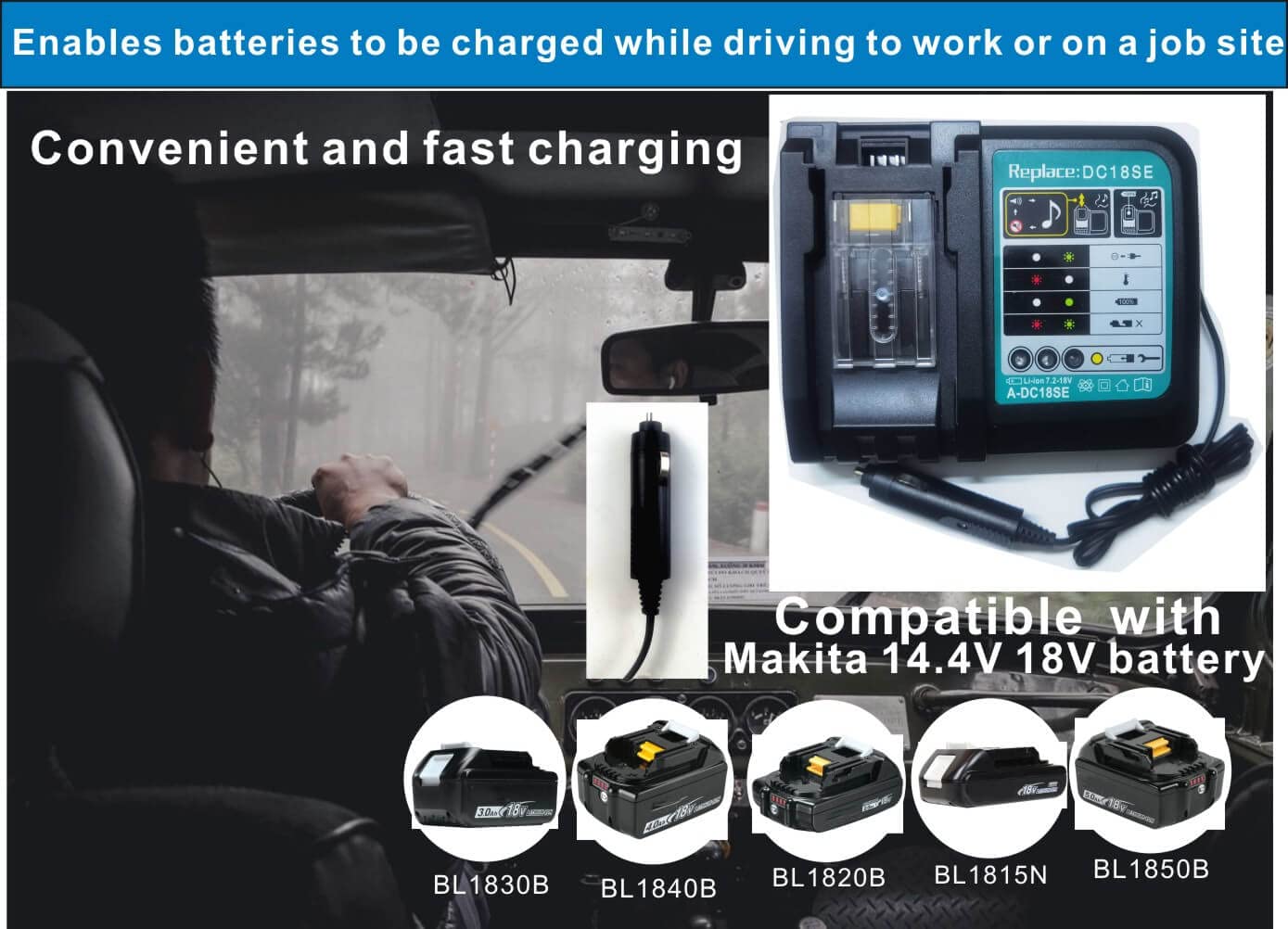 Compaitble with Makita DC18SE Lithium Ion Vehicle Charger,Car Battery Charger, for Battery BL1835B BL1845B BL1845 BL1820 BL1820B BL1815 BL1815B BL1835 BL1840 BL1840B