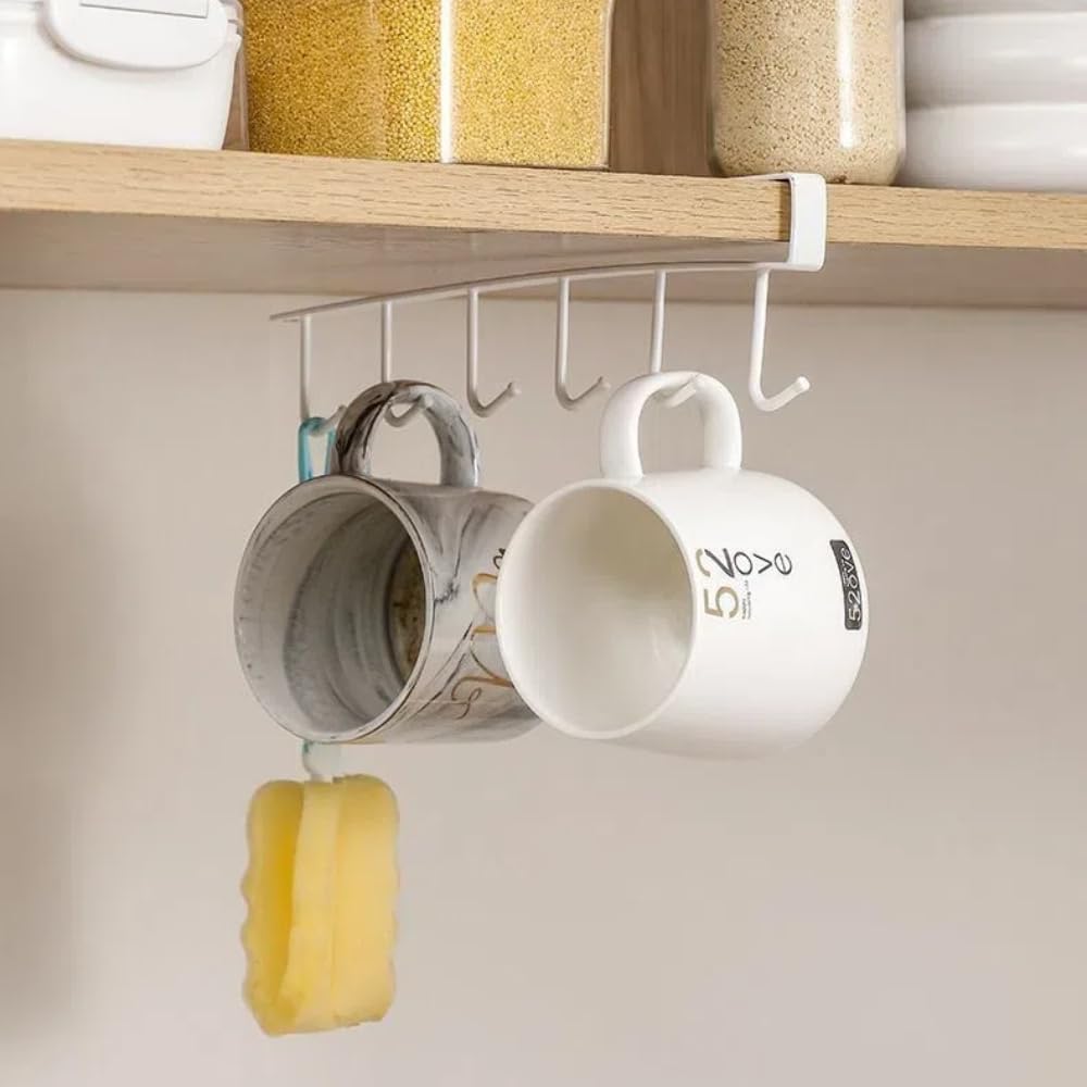 Achoulei 3pcs Mug Hooks Under Cabinet Coffee Mug Cup Holder Rack, Drilling Free Coffee Mug Cup Hanger Organizer for Kitchen Cabinets Storage - Fit for 1 Inch Thickness Shelf or Less (White)