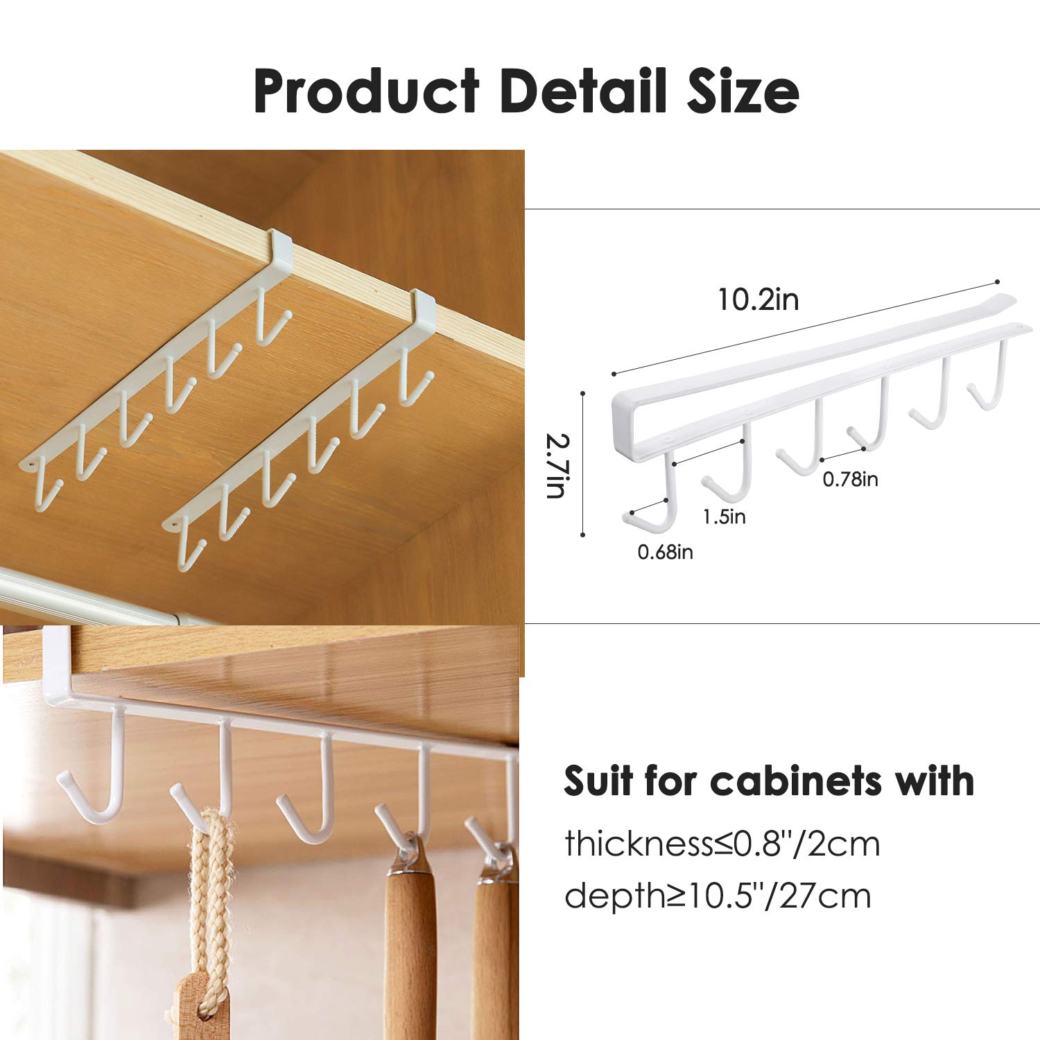 Achoulei 3pcs Mug Hooks Under Cabinet Coffee Mug Cup Holder Rack, Drilling Free Coffee Mug Cup Hanger Organizer for Kitchen Cabinets Storage - Fit for 1 Inch Thickness Shelf or Less (White)