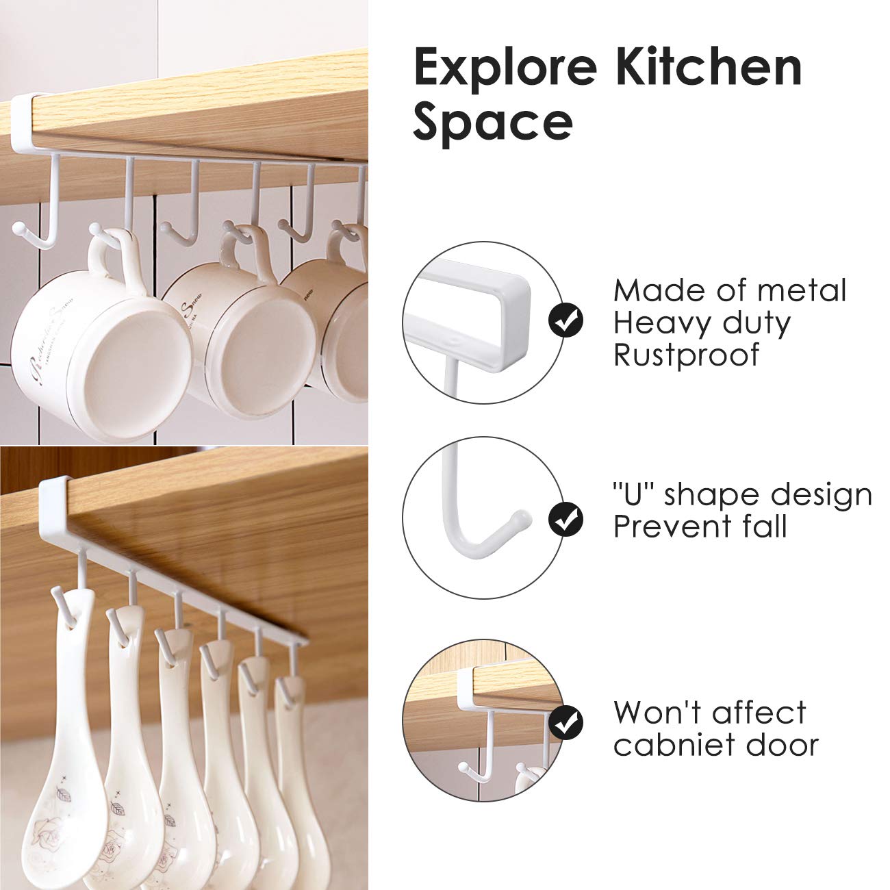 Achoulei 3pcs Mug Hooks Under Cabinet Coffee Mug Cup Holder Rack, Drilling Free Coffee Mug Cup Hanger Organizer for Kitchen Cabinets Storage - Fit for 1 Inch Thickness Shelf or Less (White)