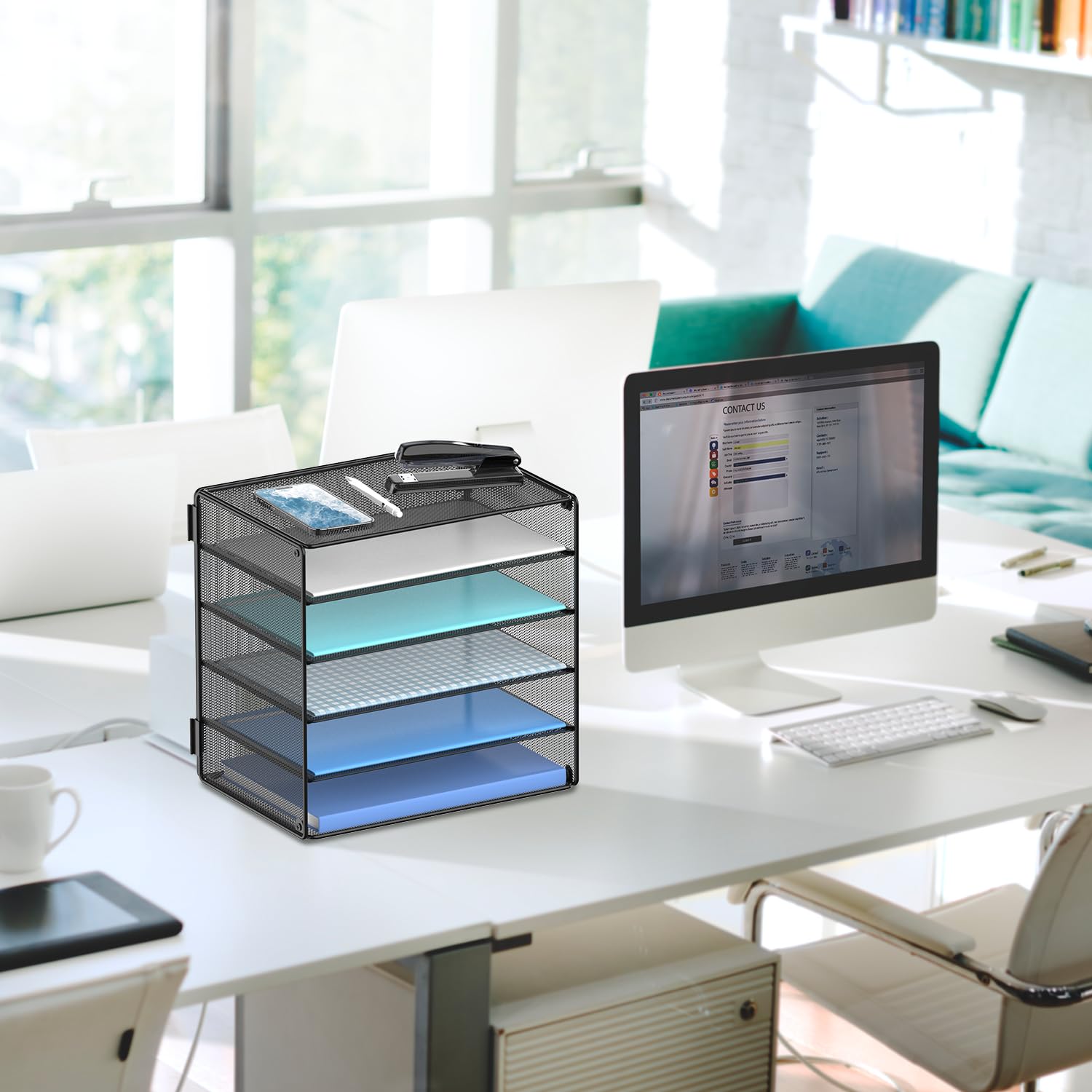 DALTACK 5 Tier Paper Organizer Letter Tray Mesh Metal Desk File Organizer for Home & Office, Black