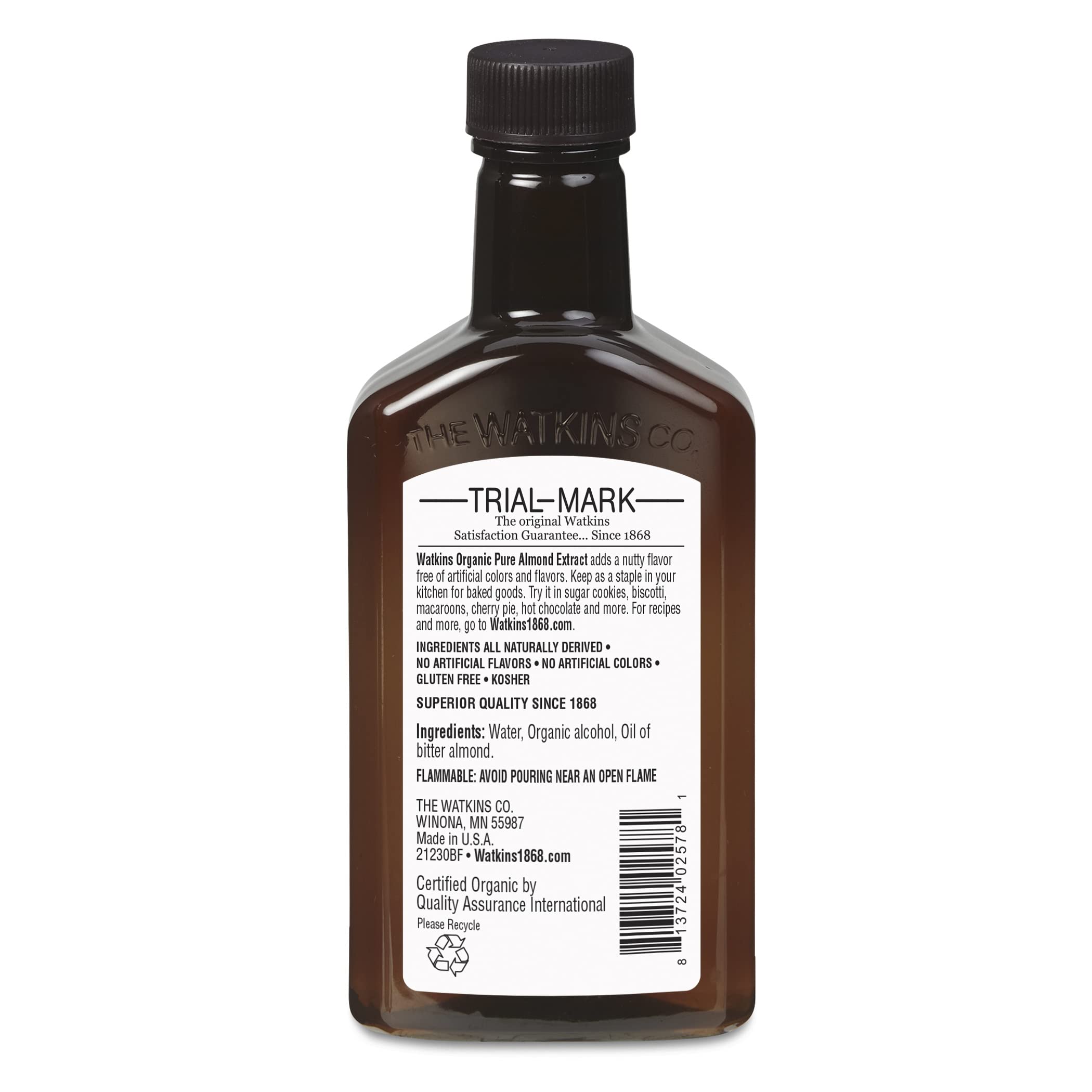 Watkins Organic Pure Almond Extract, Non-GMO, Kosher, 4 oz. Bottle, 1-Pack