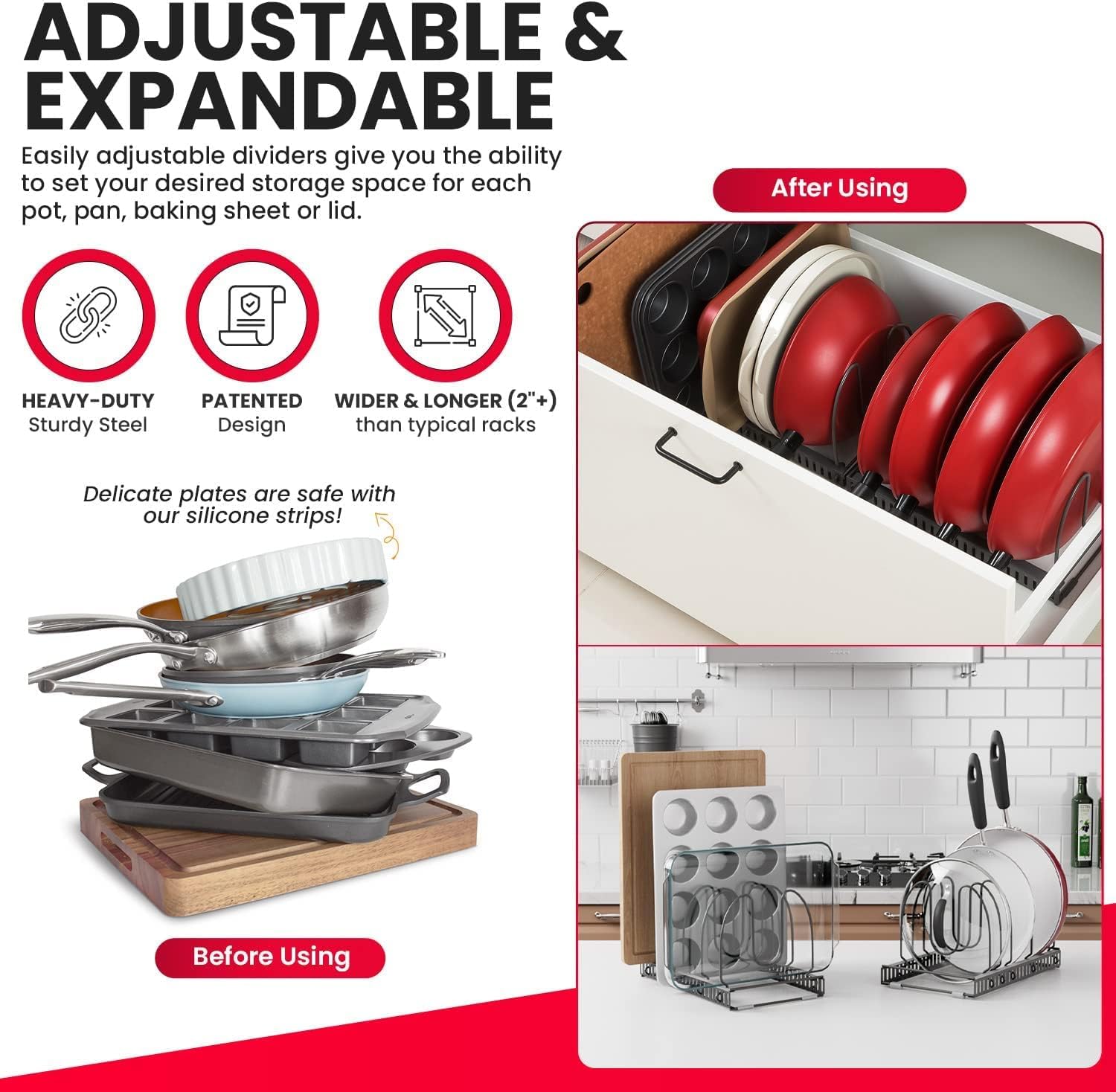 Better Things Home Expandable Pot and Pan Organizer Rack for Cabinet, Pot Lid Organizer Holder with 10 Adjustable Dividers, Anti-Scratch Padding - For Baking Sheet Organizer, Frying Pan Storage (Grey)