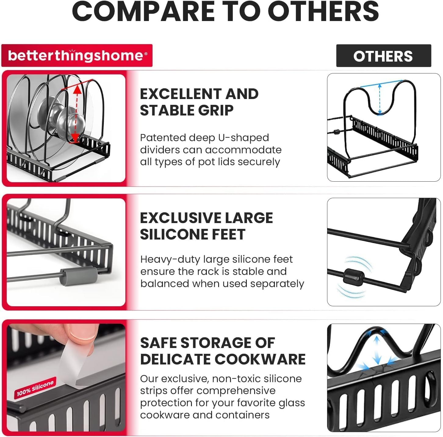 Better Things Home Expandable Pot and Pan Organizer Rack for Cabinet, Pot Lid Organizer Holder with 10 Adjustable Dividers, Anti-Scratch Padding - For Baking Sheet Organizer, Frying Pan Storage (Grey)