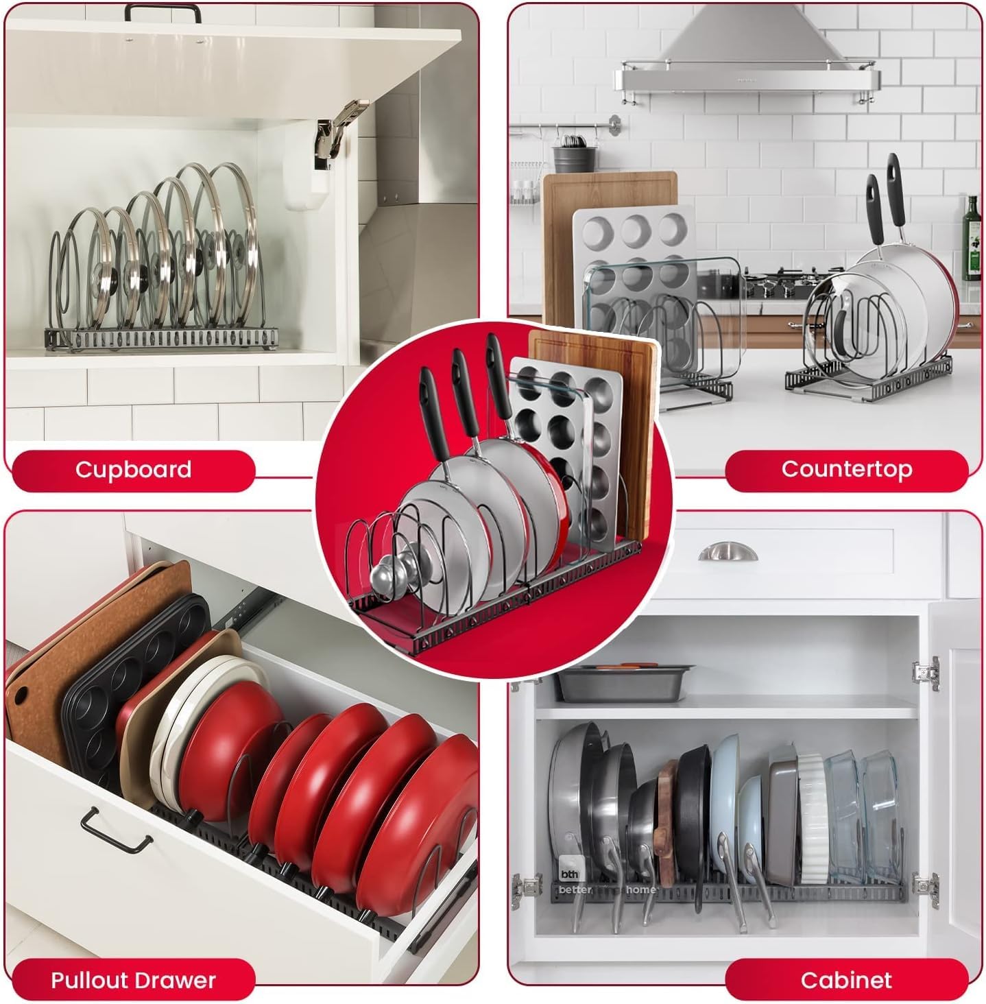Better Things Home Expandable Pot and Pan Organizer Rack for Cabinet, Pot Lid Organizer Holder with 10 Adjustable Dividers, Anti-Scratch Padding - For Baking Sheet Organizer, Frying Pan Storage (Grey)