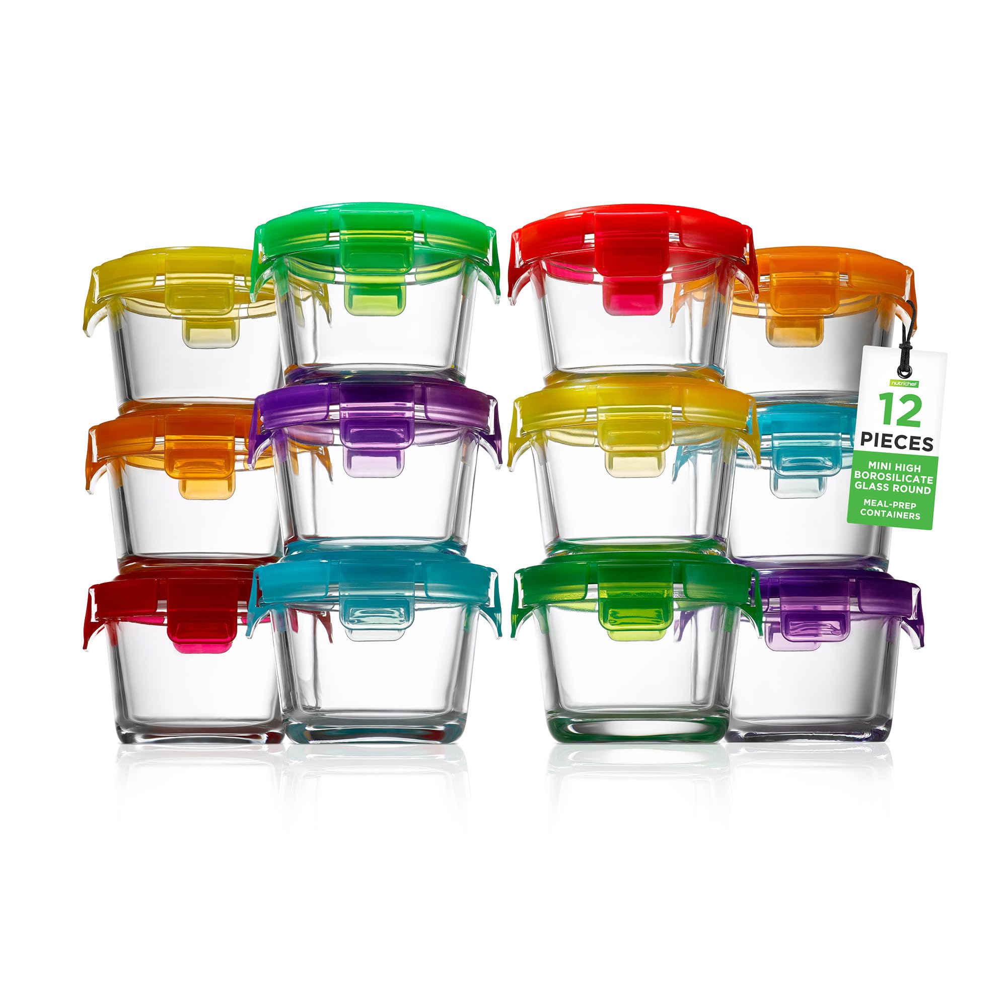 NutriChef 12PC Food Storage Containers - 4.48oz Mini Stackable Superior Premium Glass Meal-prep w/Airtight Locking Lid, BPA-Free Leakproof, Freezer-to-Oven-Safe, For Baby Food Snacks Fruits & Nuts