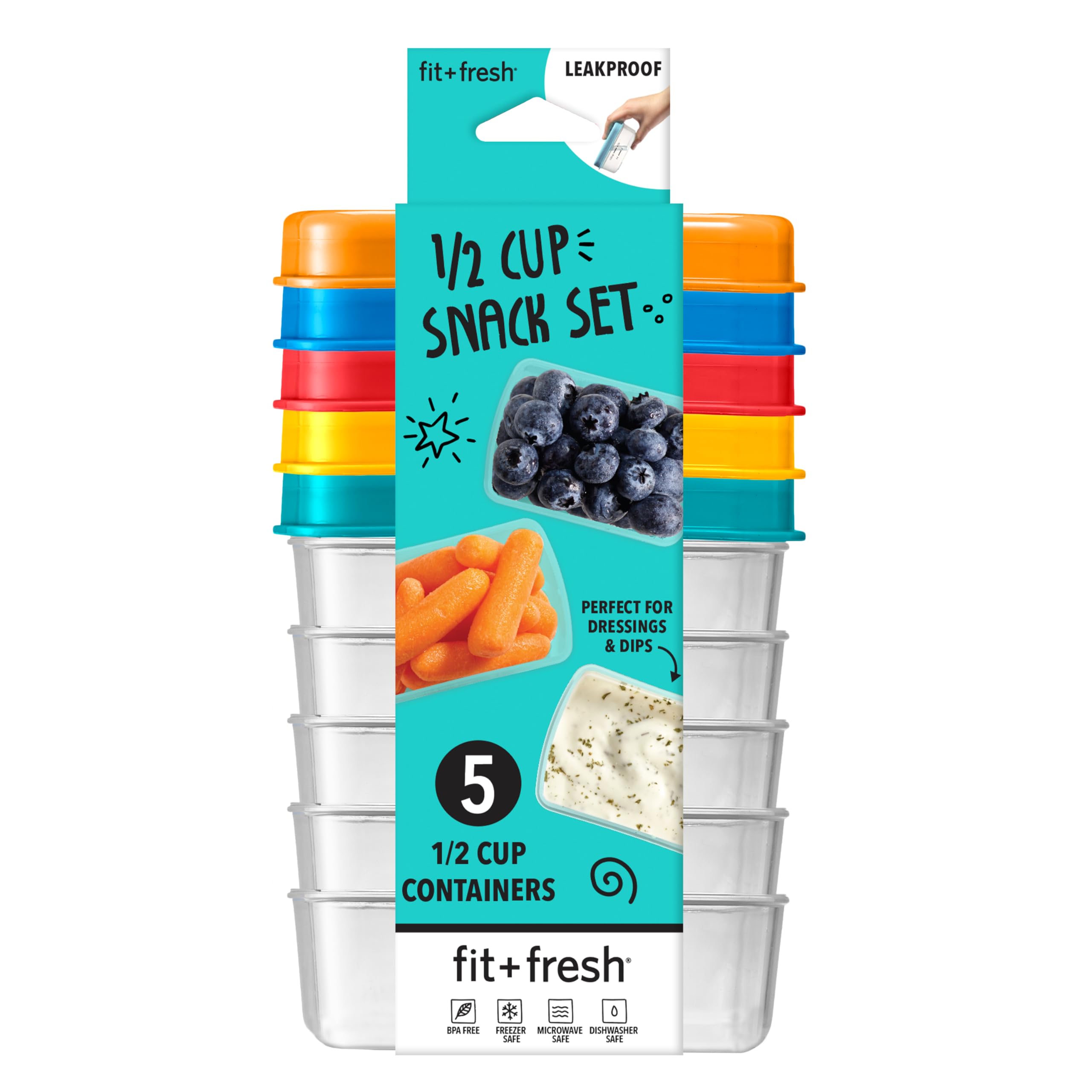 Fit + Fresh 1/2-Cup Snack Set, Condiment & Salad Dressing Containers, Reusable & Leakproof Lunch Containers, Perfect for Insulated Lunch Bag, Lunch Box & More, 5PK, Multicolor