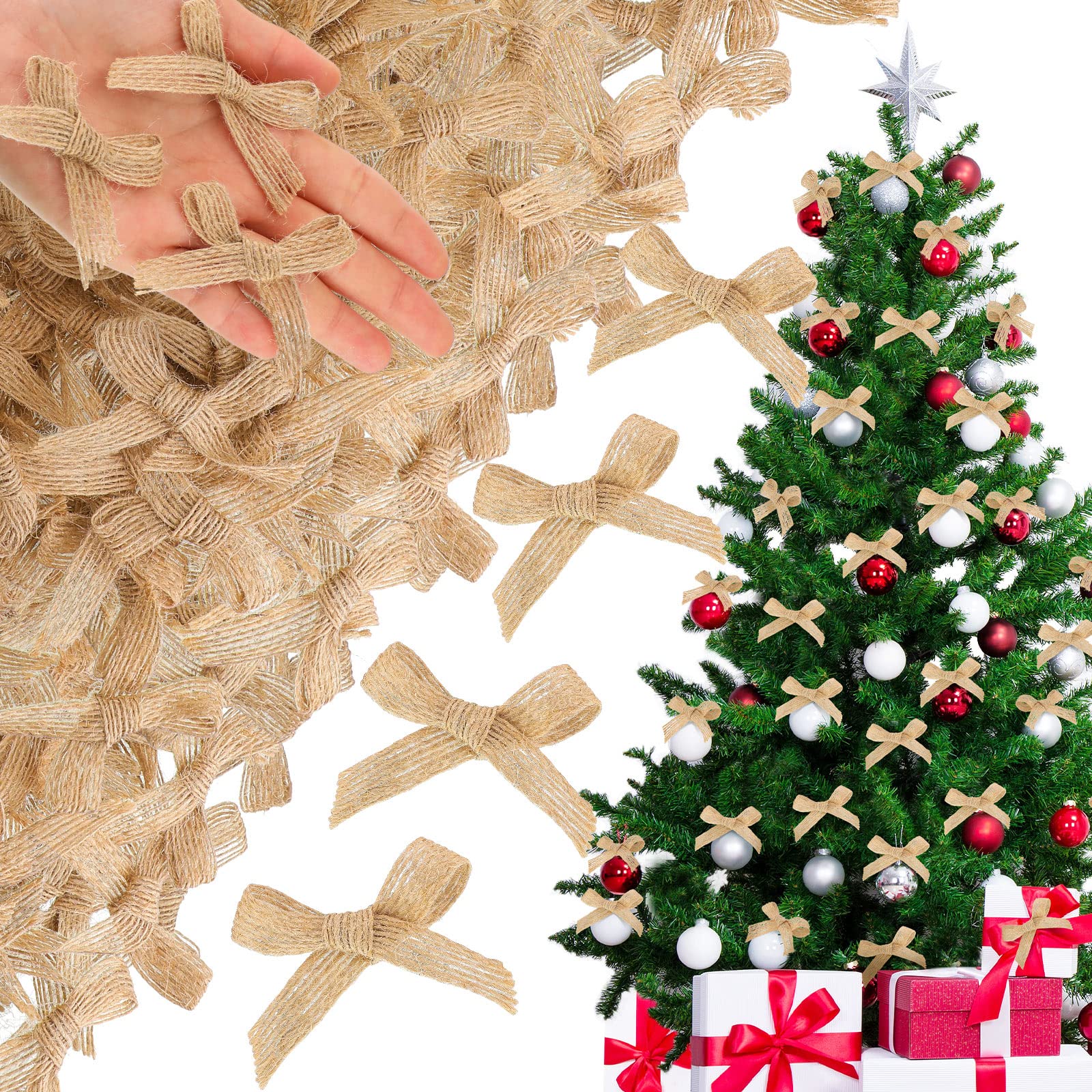 Giegxin 100 Pcs Christmas Mini Burlap Bows for Crafts Handmade Bows Tiny Twist Tie Bow Wreaths Ornaments Burlap Bows for Christmas Tree DIY Decorations Wedding Holiday Party with 43.74 Yard Rope