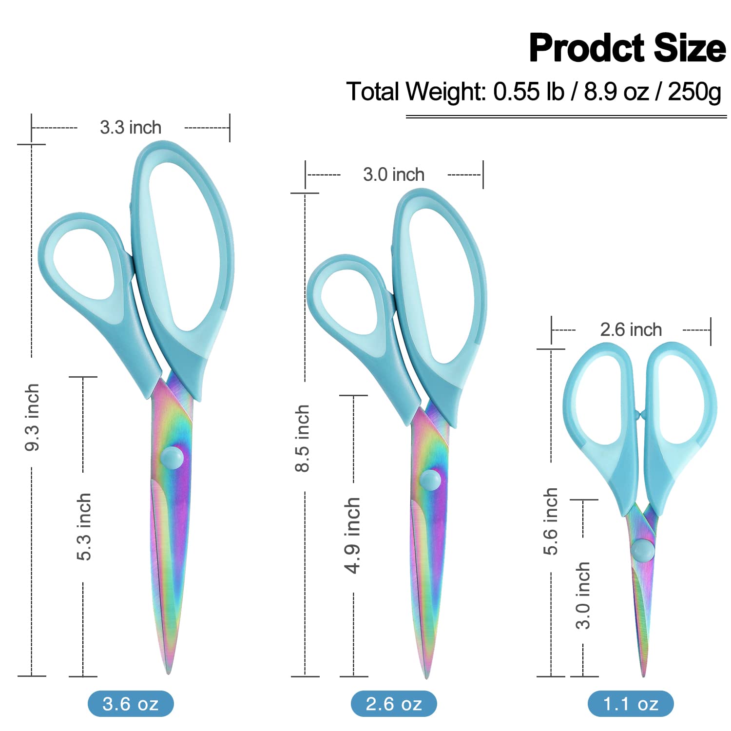 Craft Scissors, All Purpose Sharp Titanium Blades Shears, Rubber Soft Grip Handle, Multipurpose Fabric Scissors Tool Set Great for Office, Sewing, Arts, School and Home Supplies, 1 Set of 3 Pack, Blue