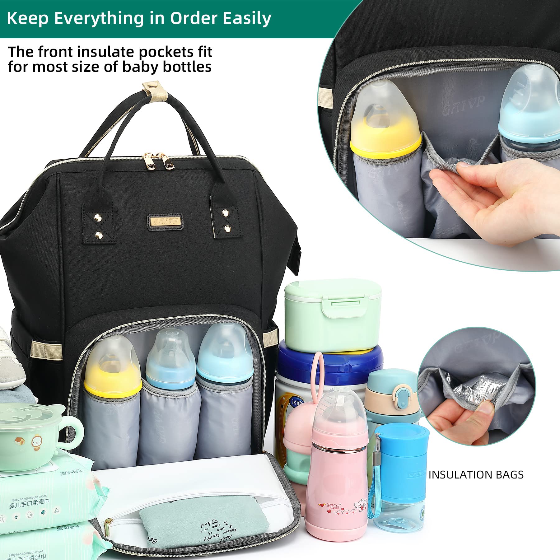 Diaper Bag Backpack, Diaper Bags for Baby Girls Boys, Baby Bags for Moms Dads, Baby Nappy Changing Bag with Insulated Pockets,Multi-functional Waterproof Backpack with Stroller straps-Black