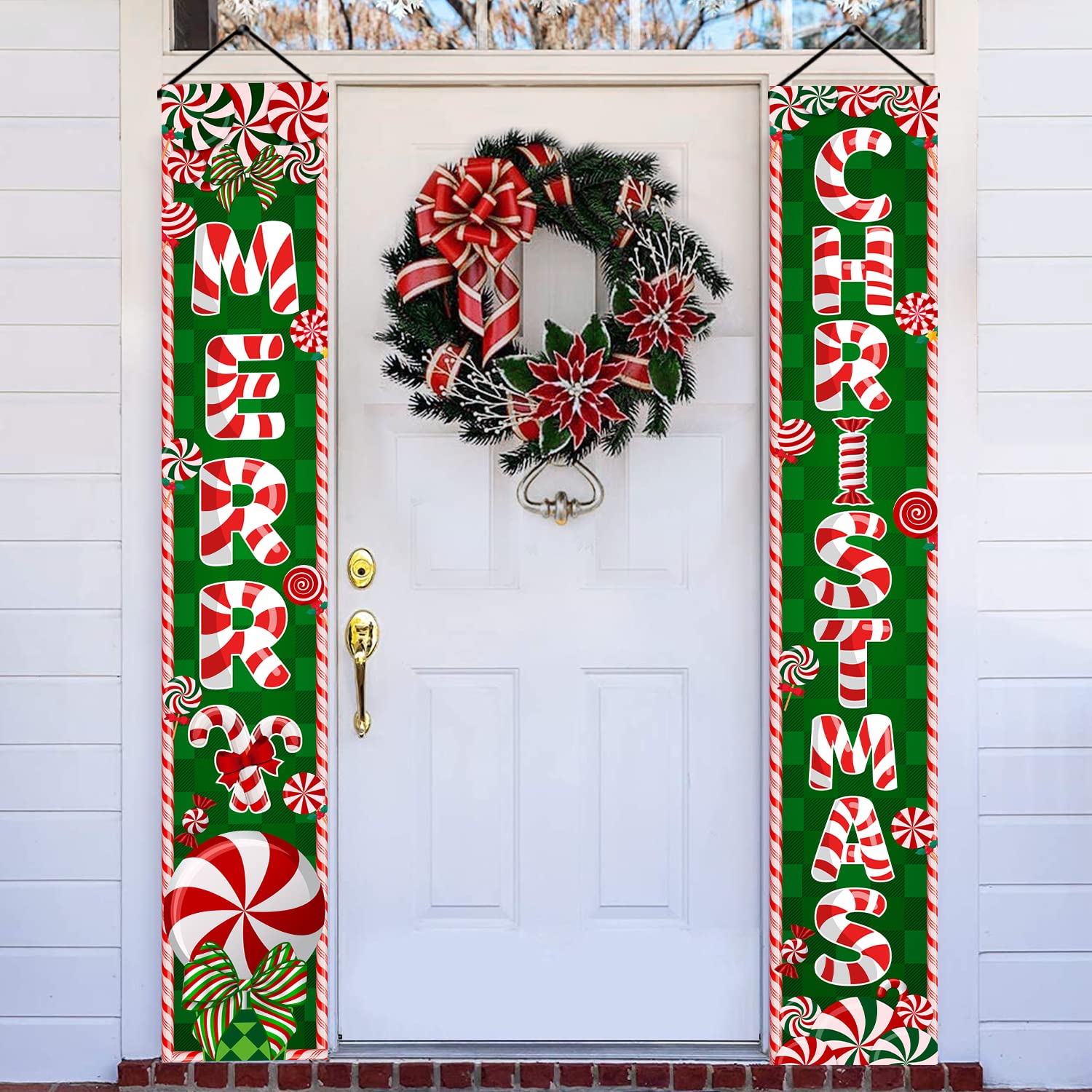 Peppermint Christmas Decorations, 71" x 12" Peppermint Merry Christmas Porch Banner, Peppermint Candy Decorations Welcome Porch Sign, Peppermint Decorations for Outdoor Indoor Christmas Holiday