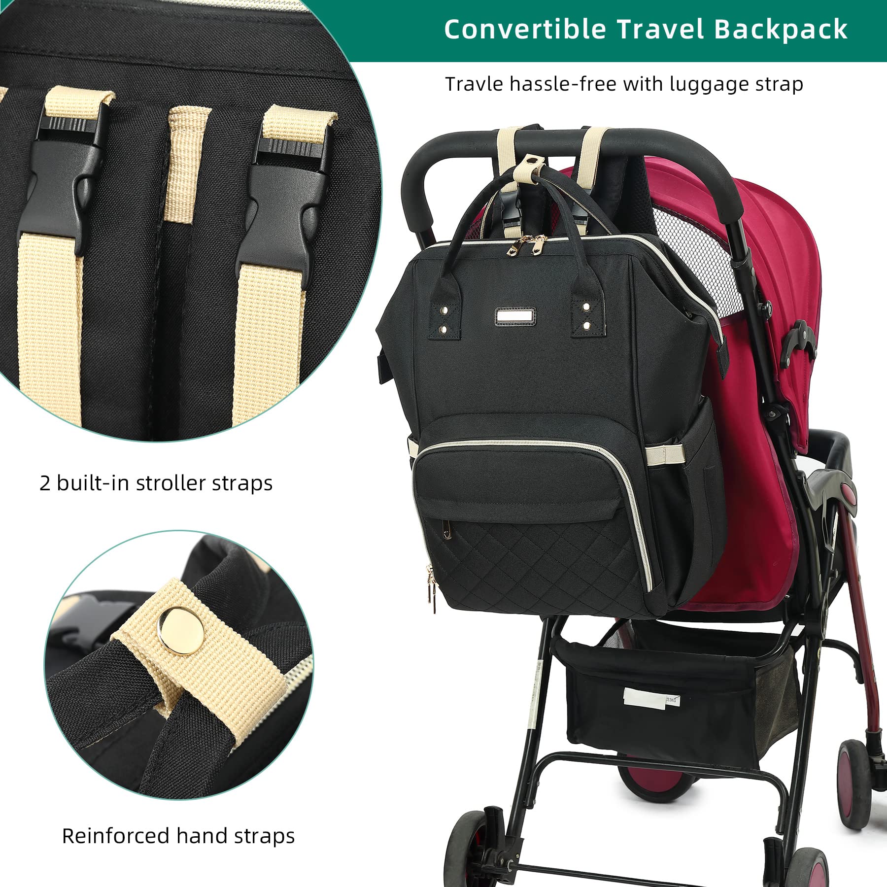 Diaper Bag Backpack, Diaper Bags for Baby Girls Boys, Baby Bags for Moms Dads, Baby Nappy Changing Bag with Insulated Pockets,Multi-functional Waterproof Backpack with Stroller straps-Black