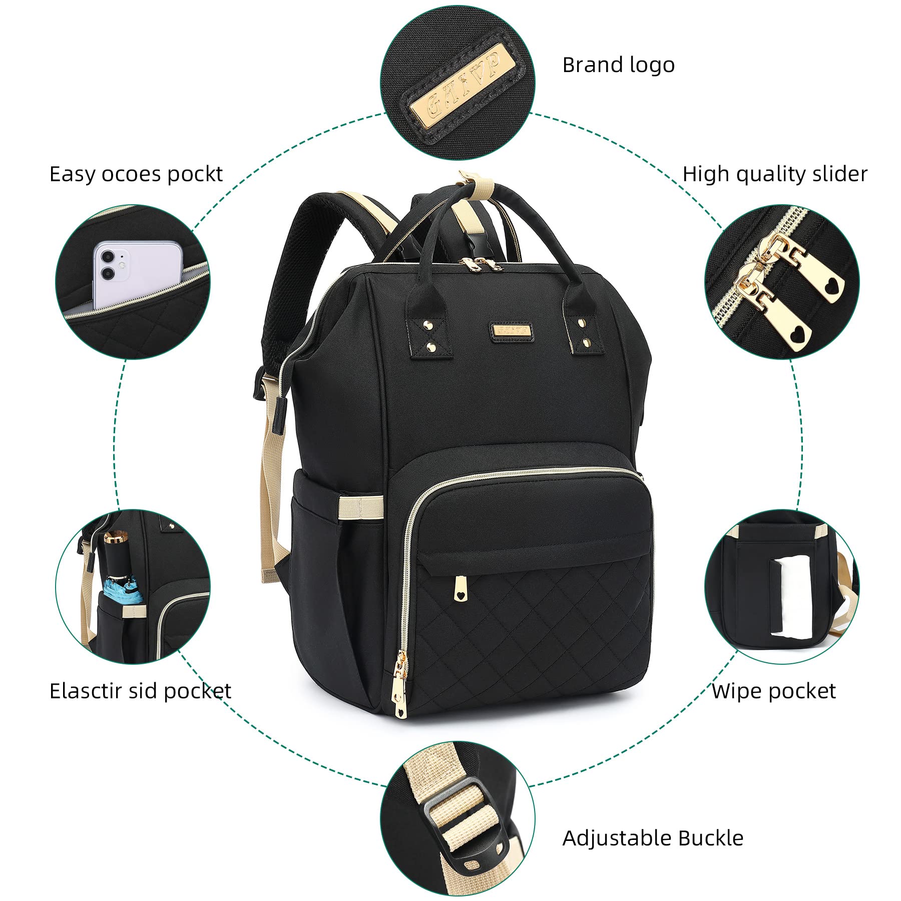 Diaper Bag Backpack, Diaper Bags for Baby Girls Boys, Baby Bags for Moms Dads, Baby Nappy Changing Bag with Insulated Pockets,Multi-functional Waterproof Backpack with Stroller straps-Black