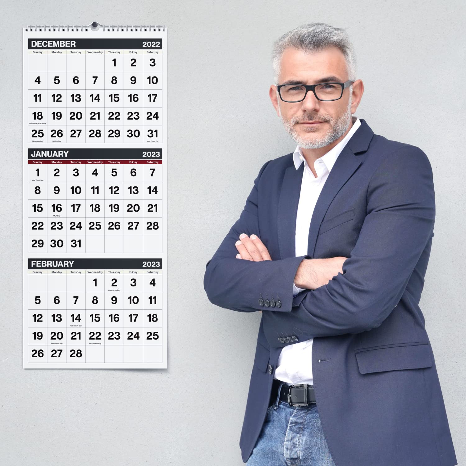 CRANBURY 3-Month Wall Calendar 2023 - (Classic, 11x26" Open), Three Months Wall Calendar with 3-Month View, Big Wall Calendar, Spiral Bound, Ships Folded