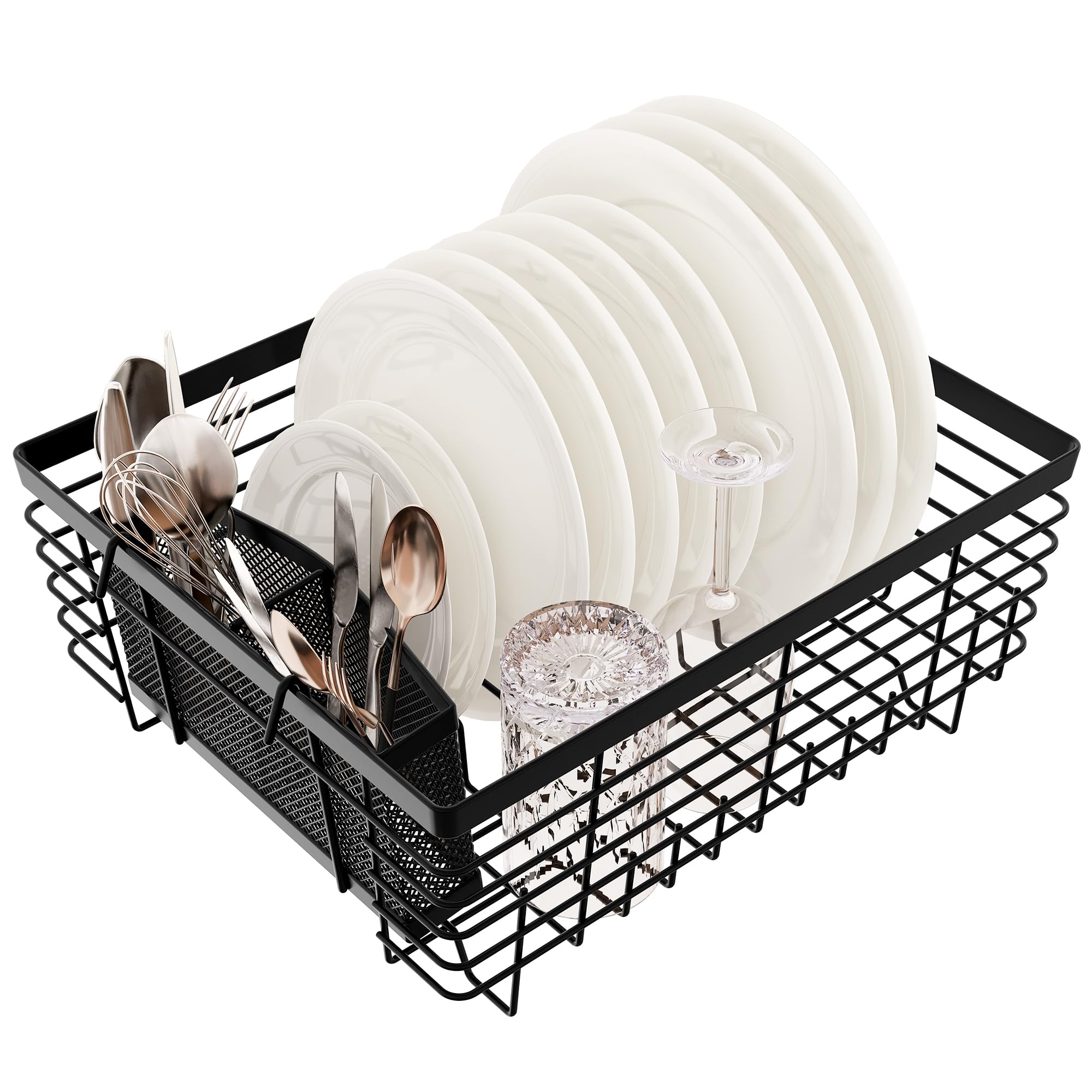 TQVAI Kitchen Dish Drying Rack Metal Dish Drainer with Full-Mesh Silverware Utensils Basket Holder, Black
