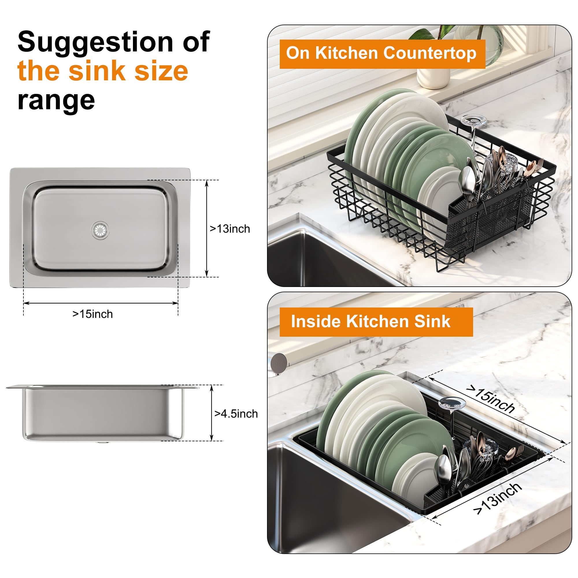 TQVAI Kitchen Dish Drying Rack Metal Dish Drainer with Full-Mesh Silverware Utensils Basket Holder, Black
