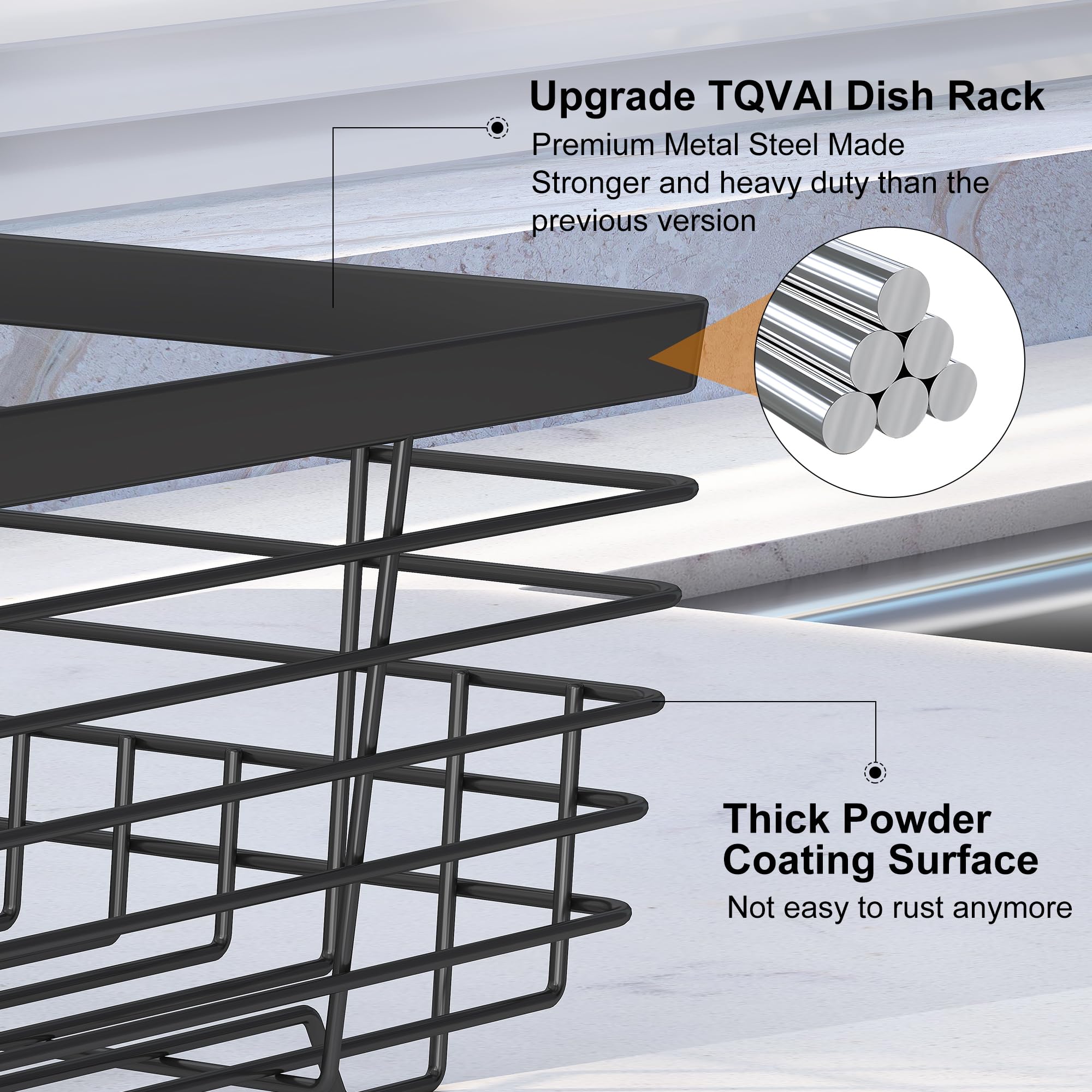 TQVAI Kitchen Dish Drying Rack Metal Dish Drainer with Full-Mesh Silverware Utensils Basket Holder, Black