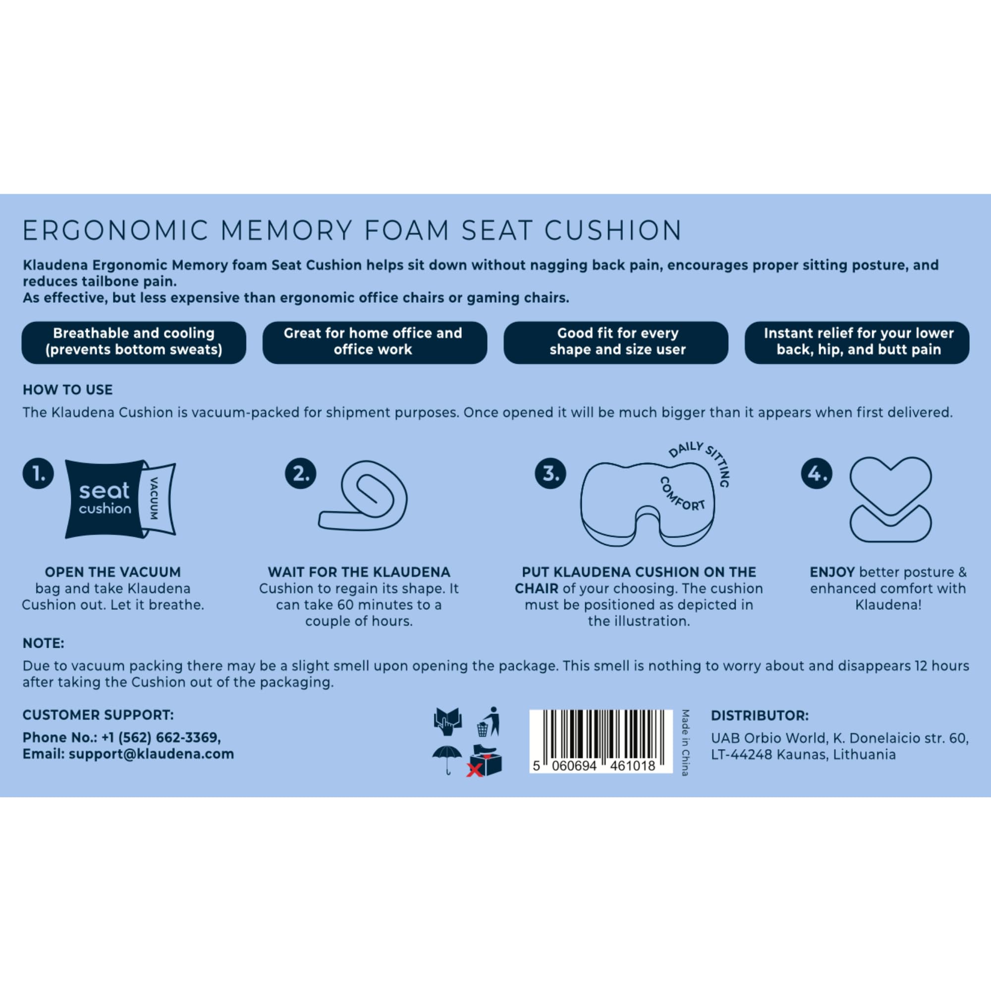 Klaudena | Memory Foam Seat Cushion for Office Chair, Coccyx Lower Back Support Tailbone Pain Relief, Lumbar Support Cushions, Work Chair Pad Butt Pillow, Sciatica, Correct Posture, Desk Chair Cushion