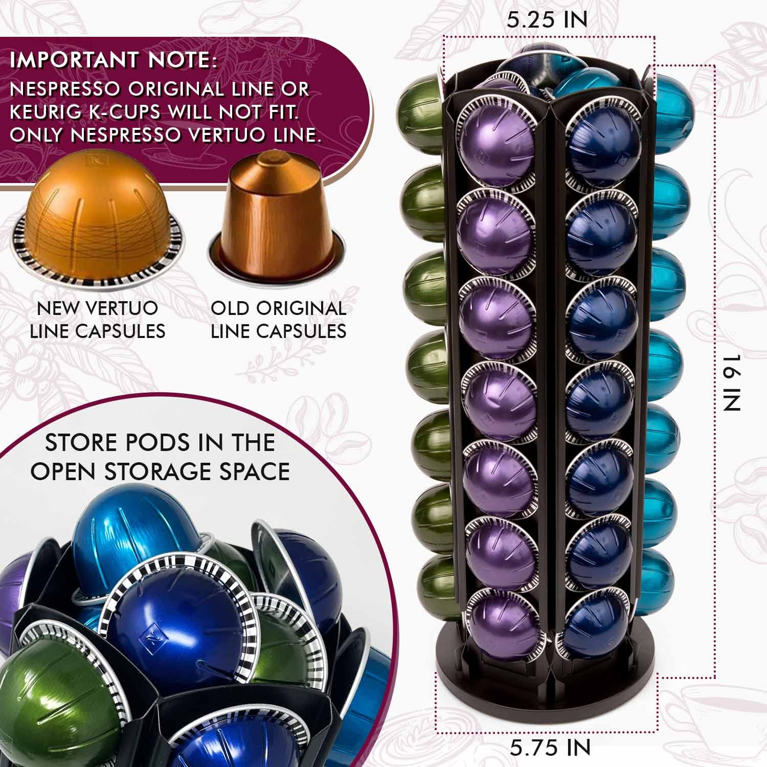 Velten Coffee Pod Carousel Holder Compatible with Nespresso Vertuo Capsules, Black Large Capacity 30 Pods Storage with 360° Rotation, Central Organizer for Sugar, Cream, or Accessories