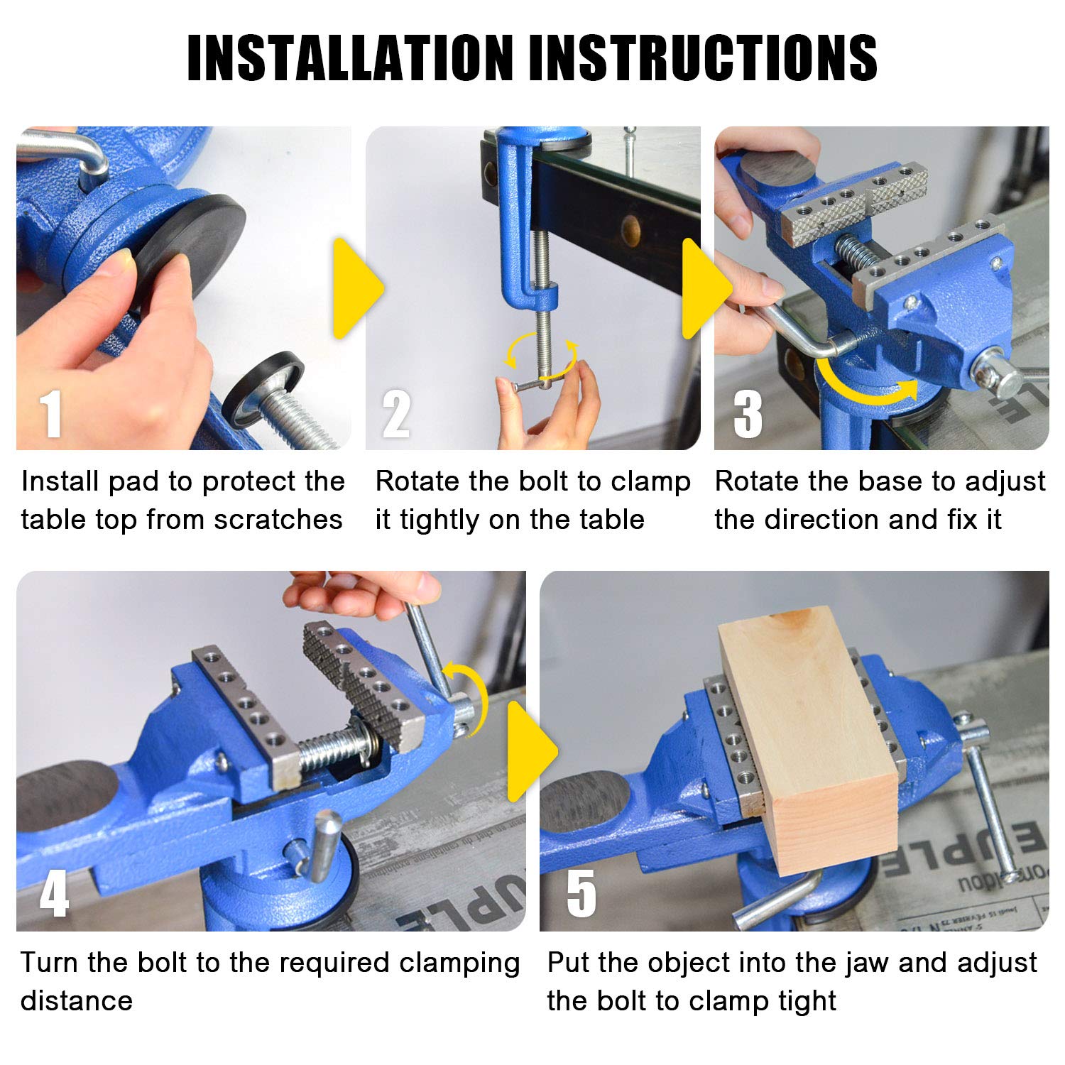 Bench Vise with Clamp Post Universal 3 Inch Bench Clamps 360° Swivel Base Home Vise for Holding Irregular Objects Table Vice with Longer Clamping Distance for Woodworking, Drilling, etc.
