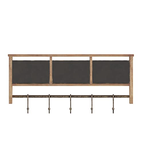 Merrick Lane Enid Wall Mount 24 Inch Solid Pine Wood Storage Rack with Upper Shelf, Hooks, and Wire Baskets for Living Room, Kitchen, or Entryway in Rustic Brown