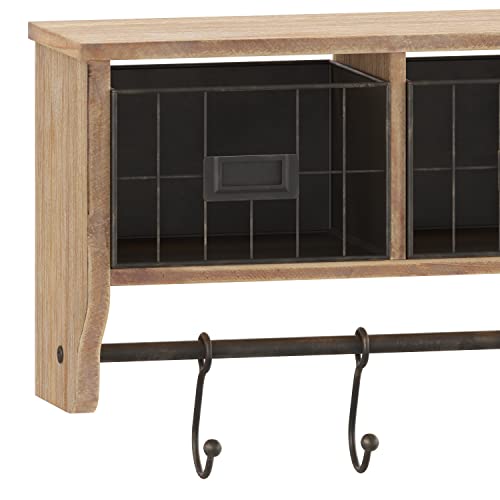 Merrick Lane Enid Wall Mount 24 Inch Solid Pine Wood Storage Rack with Upper Shelf, Hooks, and Wire Baskets for Living Room, Kitchen, or Entryway in Rustic Brown