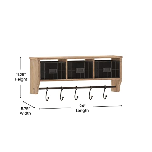 Merrick Lane Enid Wall Mount 24 Inch Solid Pine Wood Storage Rack with Upper Shelf, Hooks, and Wire Baskets for Living Room, Kitchen, or Entryway in Rustic Brown