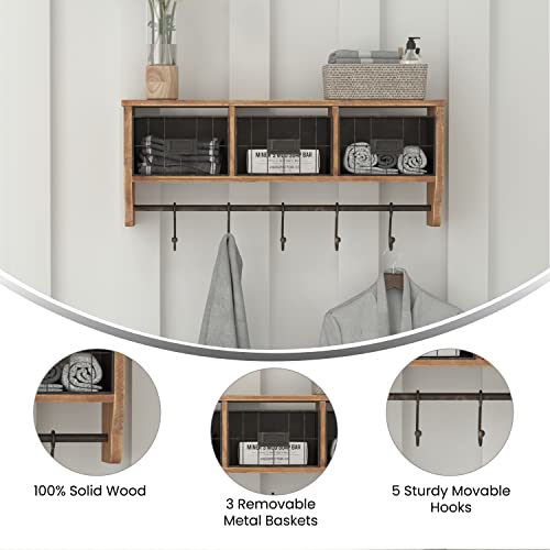 Merrick Lane Enid Wall Mount 24 Inch Solid Pine Wood Storage Rack with Upper Shelf, Hooks, and Wire Baskets for Living Room, Kitchen, or Entryway in Rustic Brown