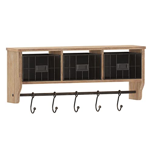 Merrick Lane Enid Wall Mount 24 Inch Solid Pine Wood Storage Rack with Upper Shelf, Hooks, and Wire Baskets for Living Room, Kitchen, or Entryway in Rustic Brown