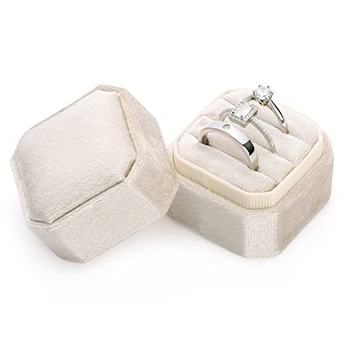 Sightor Velvet Ring Box, Octagon Velvet Jewelry Ring Box Storage 3 Slots Ring Holder Box for Proposal, Engagement, Wedding Ceremony (Beige)