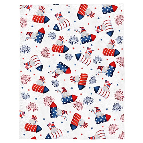 July 4th American Flag Throw Blanket Flannel Fleece, Soft Plush Cozy Baby Blankets, Blue Red Fireworks Gnome Blankets Throws Warn Fuzzy Blanket for Couch/Sofa/Chair/Travel 40"x50"