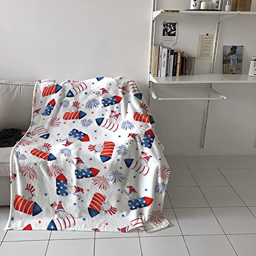 July 4th American Flag Throw Blanket Flannel Fleece, Soft Plush Cozy Baby Blankets, Blue Red Fireworks Gnome Blankets Throws Warn Fuzzy Blanket for Couch/Sofa/Chair/Travel 40"x50"