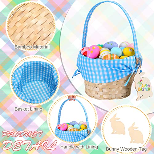 4 Pcs Easter Basket Picnic Basket Woven Basket with Handle Wooden Cute Baskets for Wood Basket Picnic Hamper Easter Eggs and Candy Basket with 4 Bags Lafite Grass 4 Pcs Rabbit Wood Chips (Plaid)