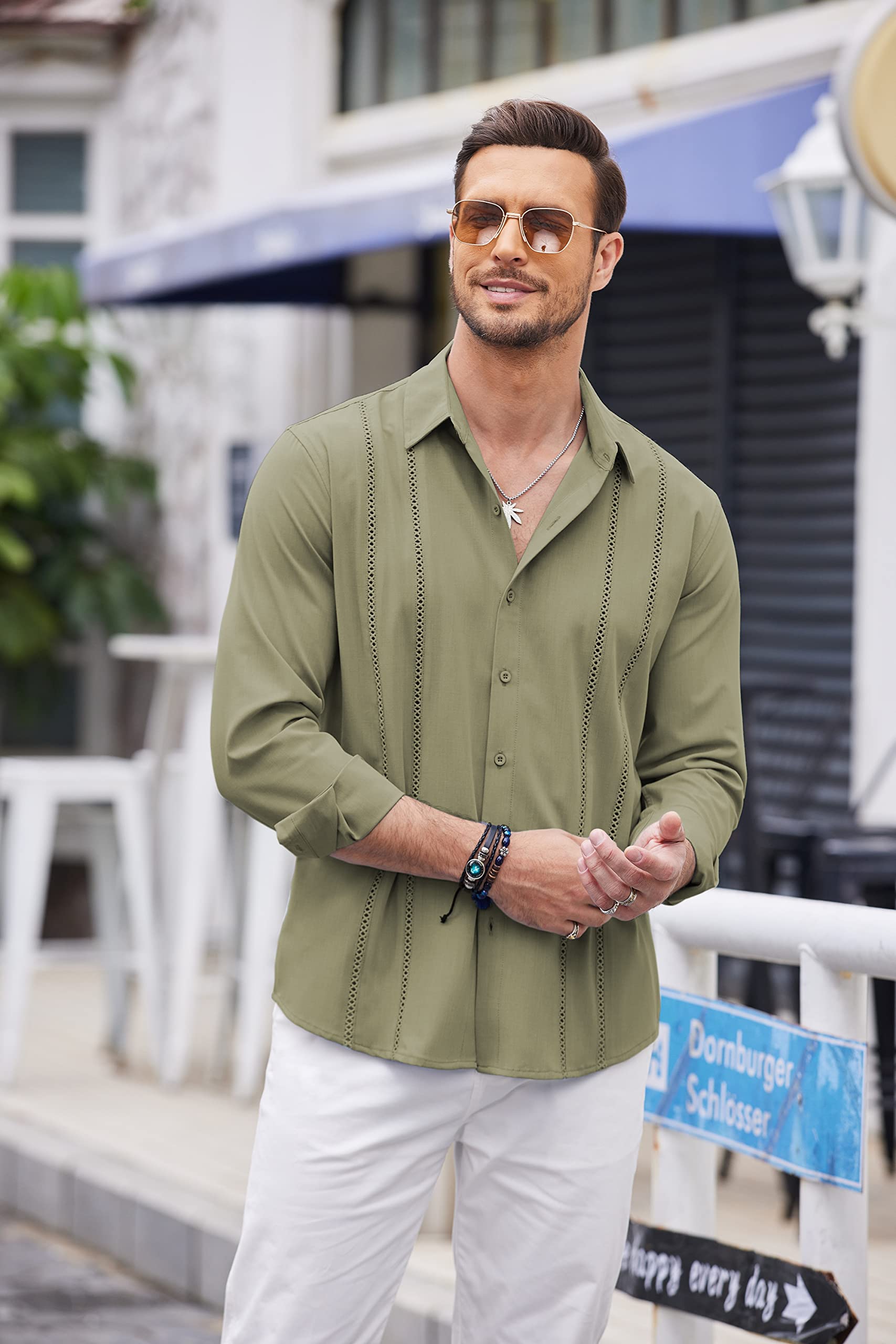 COOFANDY Mens Long Sleeve Cuban Guayabera Shirt Casual Summer Beach Button Down Shirts Green