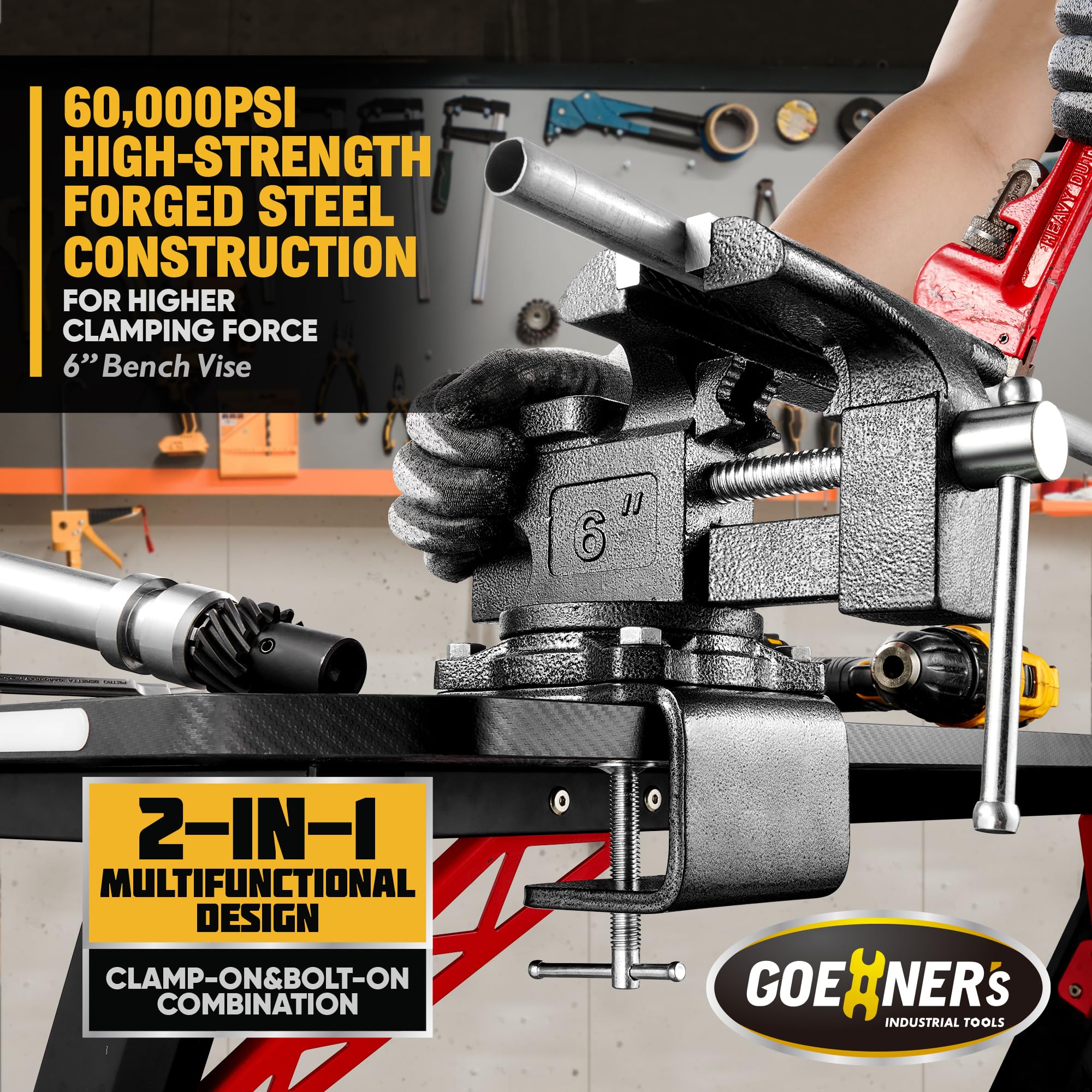 6-Inch Bench Vise, Vice for Workbench with Heavy Duty Forged Steel Construction, Built-in Pipe Jaw and Swivel Base, Table Vise for Woodworking, Home Workshop Use and DIY Job