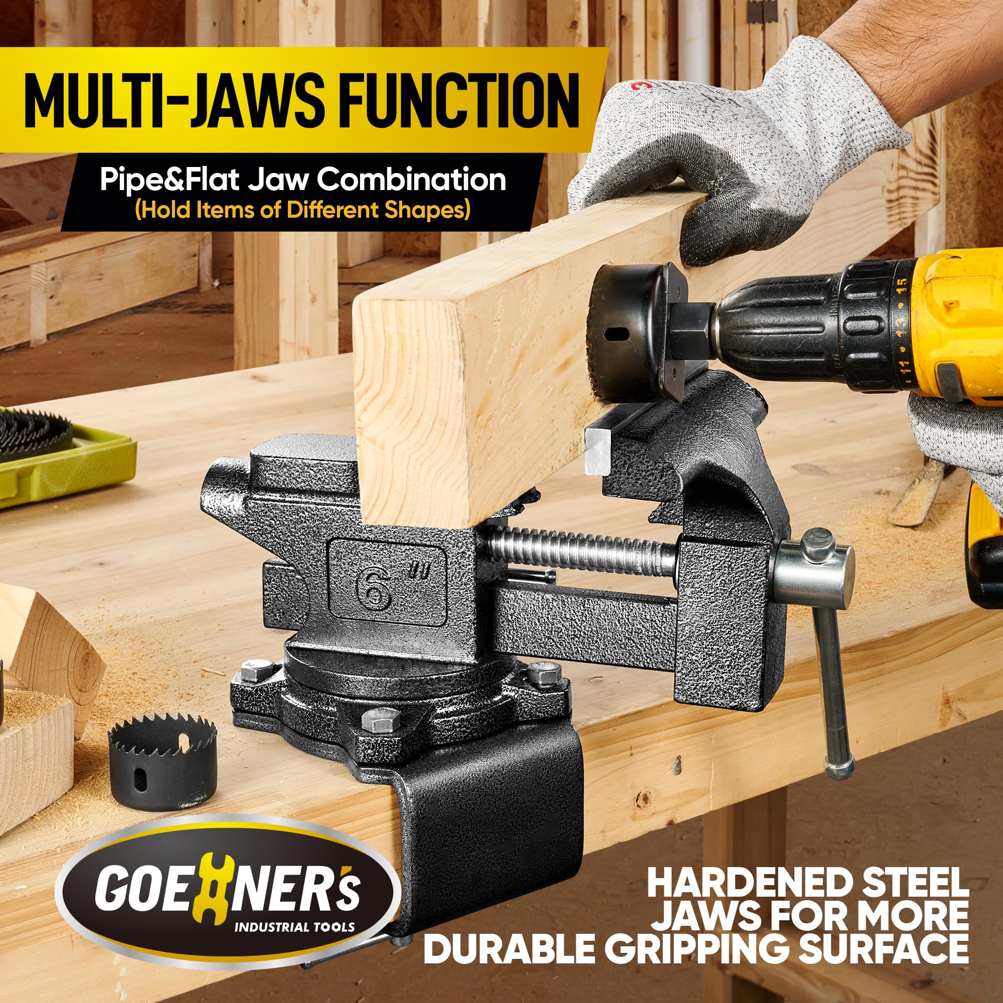 6-Inch Bench Vise, Vice for Workbench with Heavy Duty Forged Steel Construction, Built-in Pipe Jaw and Swivel Base, Table Vise for Woodworking, Home Workshop Use and DIY Job