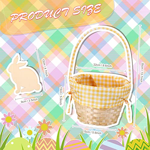 4 Pcs Easter Basket Picnic Basket Woven Basket with Handle Wooden Cute Baskets for Wood Basket Picnic Hamper Easter Eggs and Candy Basket with 4 Bags Lafite Grass 4 Pcs Rabbit Wood Chips (Plaid)