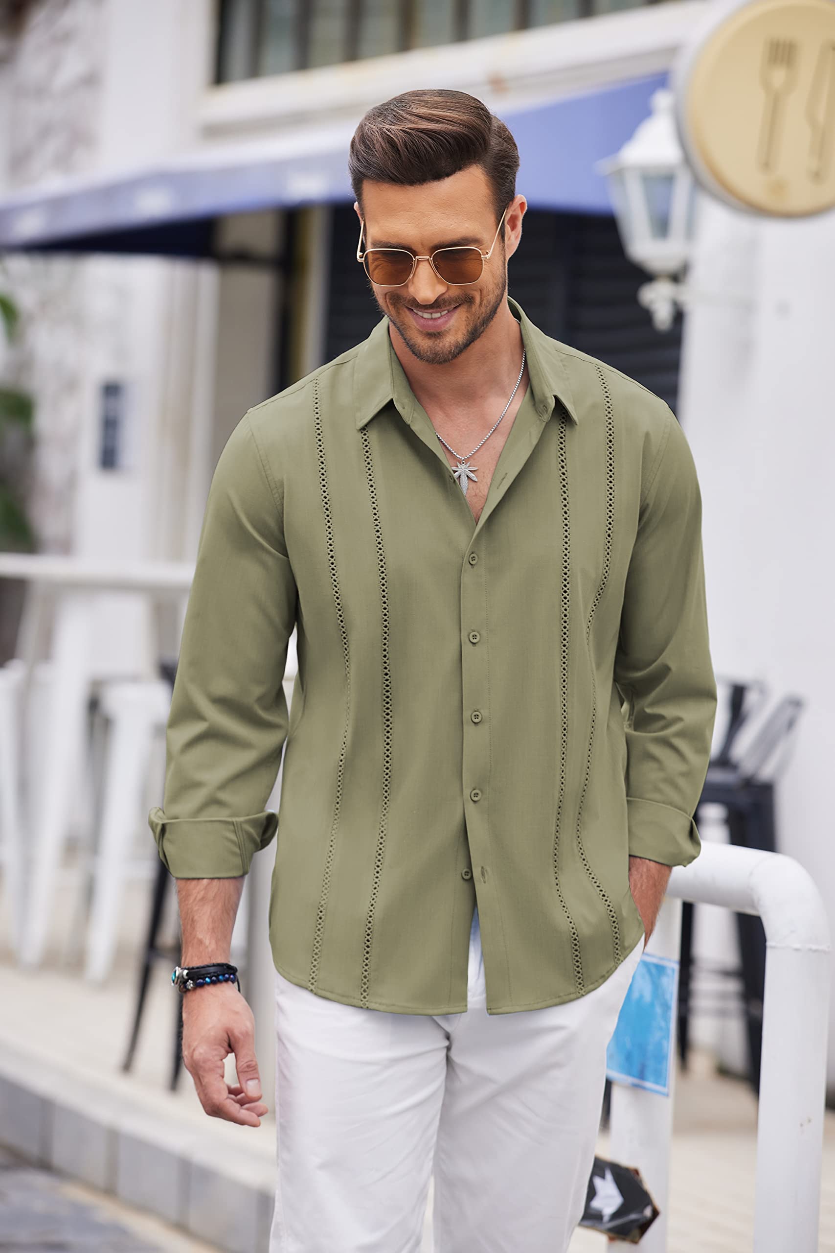 COOFANDY Mens Long Sleeve Cuban Guayabera Shirt Casual Summer Beach Button Down Shirts Green