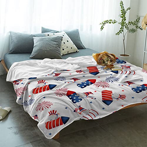 July 4th American Flag Throw Blanket Flannel Fleece, Soft Plush Cozy Baby Blankets, Blue Red Fireworks Gnome Blankets Throws Warn Fuzzy Blanket for Couch/Sofa/Chair/Travel 40"x50"