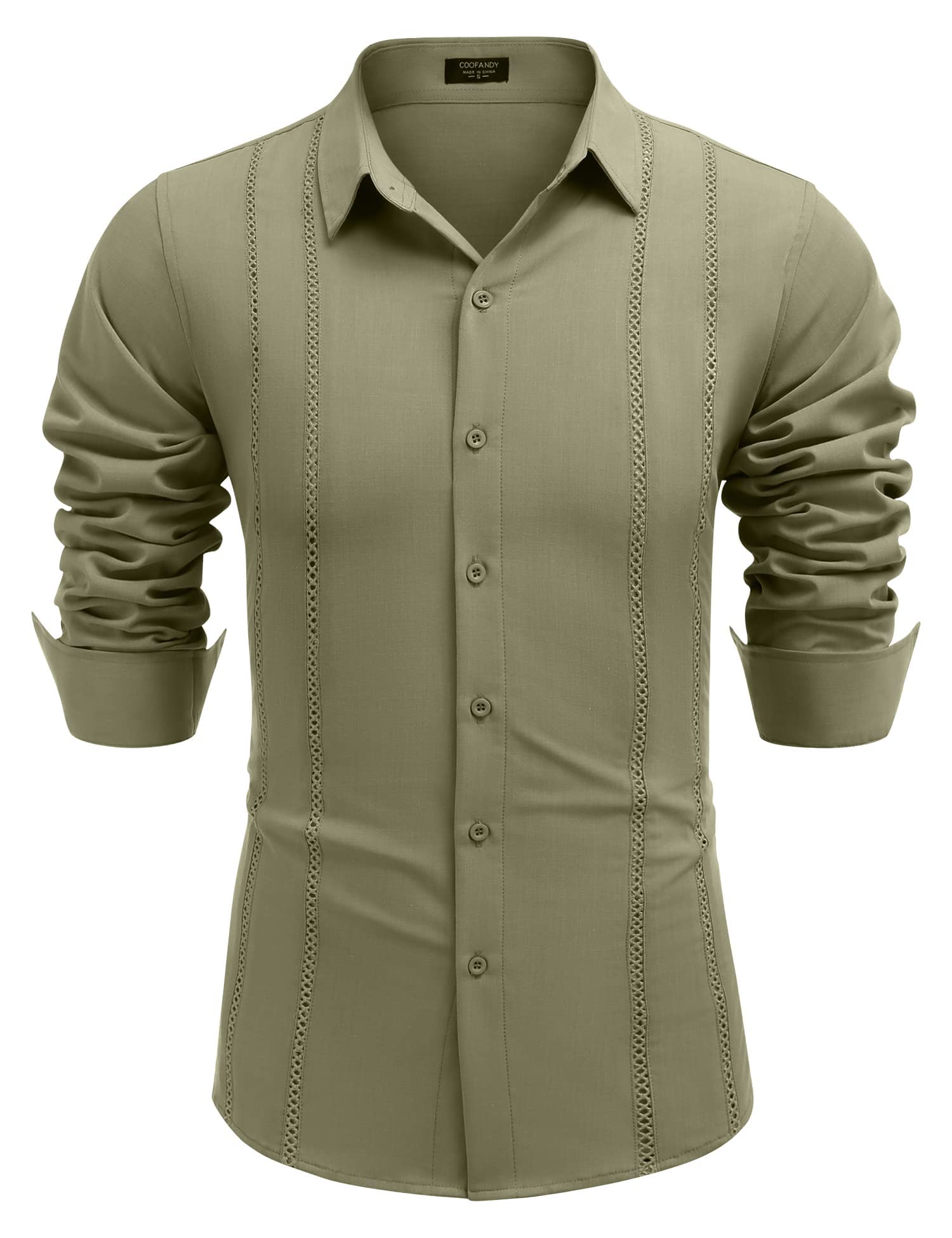 COOFANDY Mens Long Sleeve Cuban Guayabera Shirt Casual Summer Beach Button Down Shirts Green