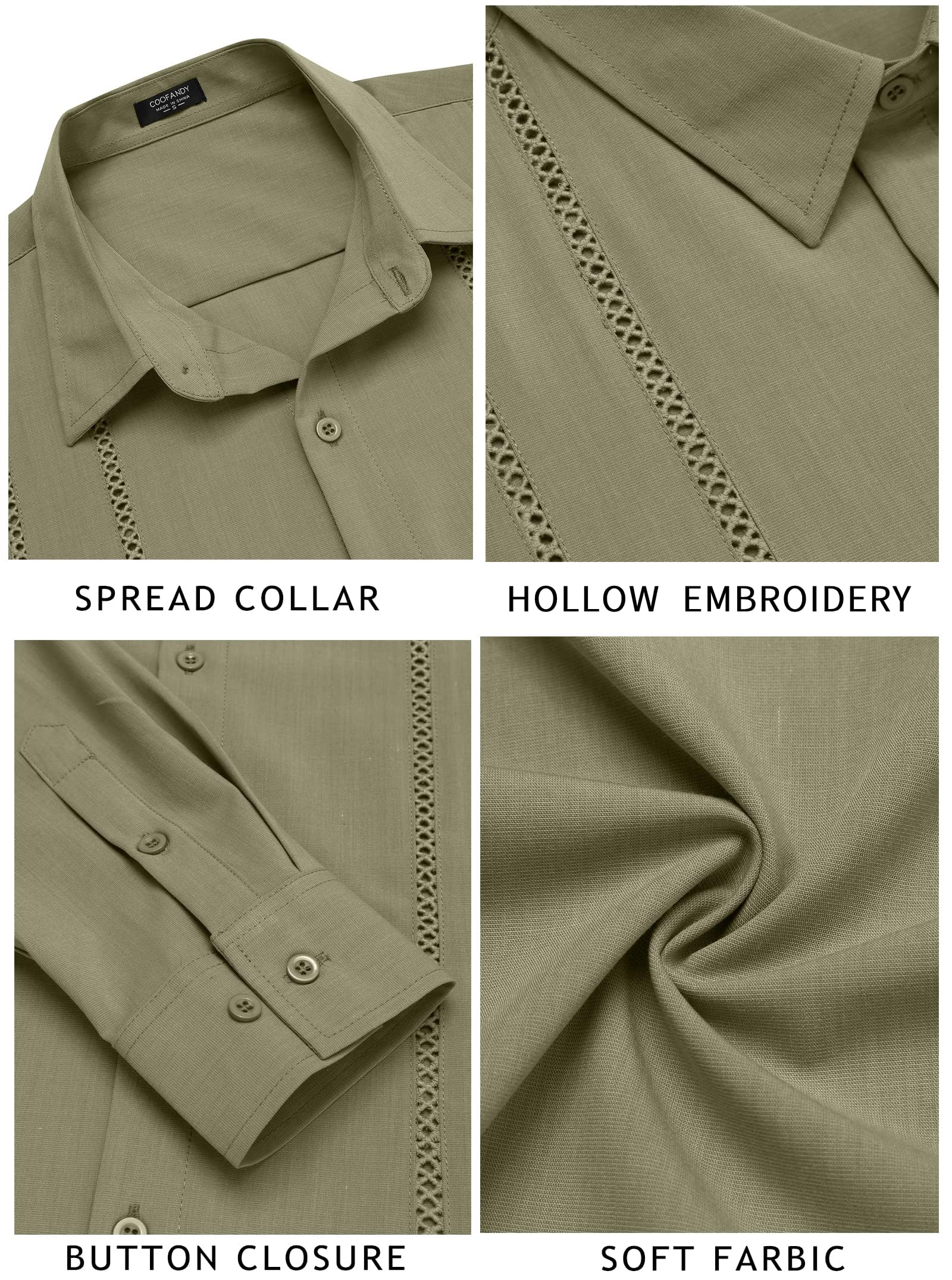 COOFANDY Mens Long Sleeve Cuban Guayabera Shirt Casual Summer Beach Button Down Shirts Green