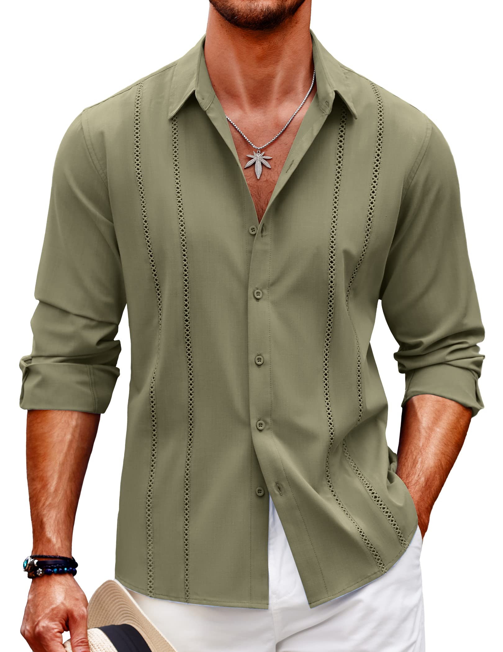 COOFANDY Mens Long Sleeve Cuban Guayabera Shirt Casual Summer Beach Button Down Shirts Green