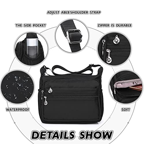 Beejirm Nylon Purses for Women Purse with Pockets and Compartments Purses with Lots of Pockets Multi Pocket Casual Crossbody Bag (Black)