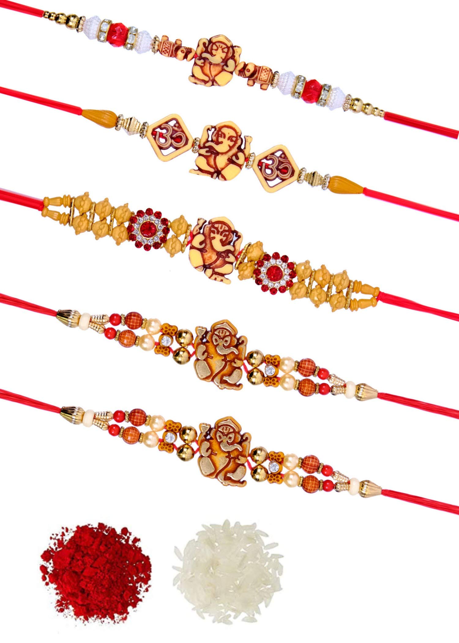 Crunchy Fashion 5 pcs Designer Rakhi Set with Roli/CHawal/Rice/Gift Pouch for Brother, Sister Raksha Bandhan Handmade Bracelet for Bhaiya Bhabhi Rakhi Combo in bulk