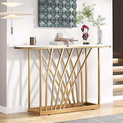 Tribesigns Gold Console Table, 43" Modern White Sofa Couch Table with Faux Marble, Oval Wooden Hallway Foyer Table, Narrow Entryway Table with Metal Frame for Living Room Bedroom Entrance