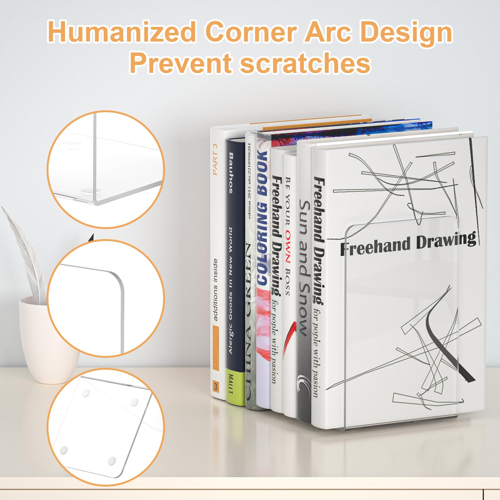 Bookend, DRLIFE Clear Acrylic Bookends for Shelves, Book End, Book Stopper for Heavy Duty Books, CDs, Video Games (1 Pair/2 Pieces)